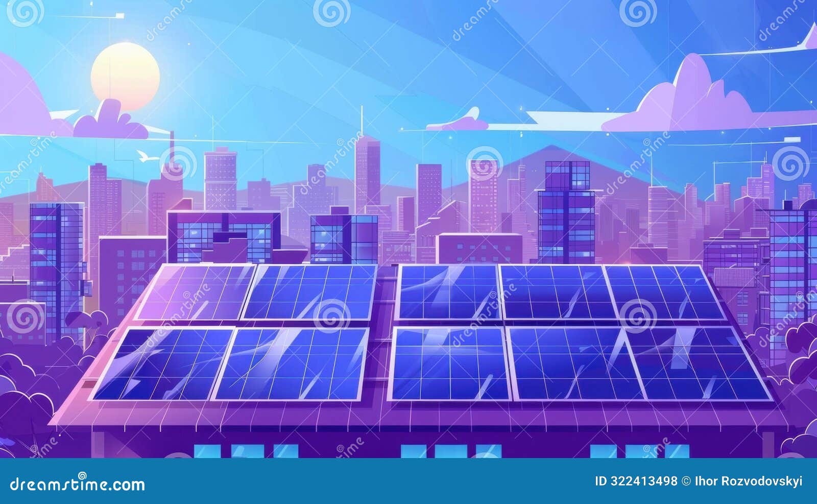 Drawing in Flat Style of Solar Panels, Generation of Electricity Using ...