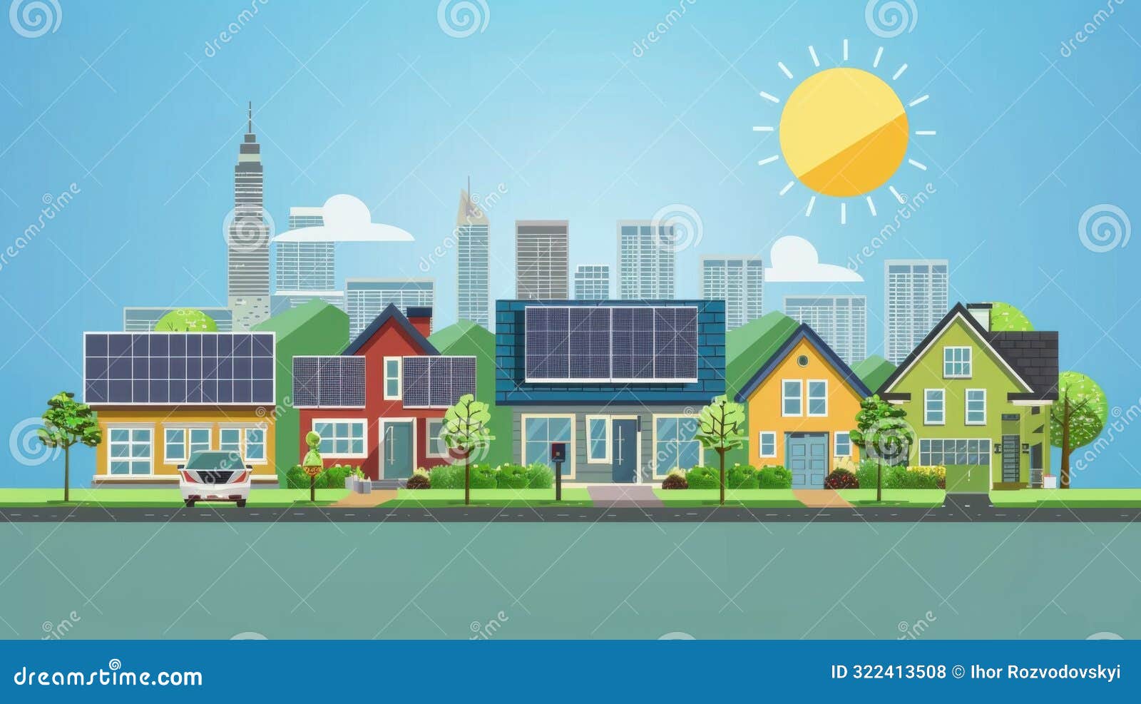 Drawing in Flat Style of Solar Panels, Generation of Electricity Using ...