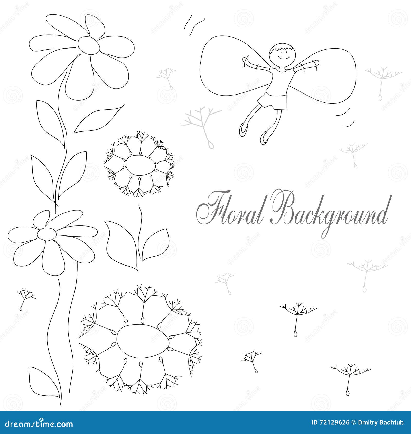 Drawing of Flowers and Flying Baby Stock Vector - Illustration of petal ...
