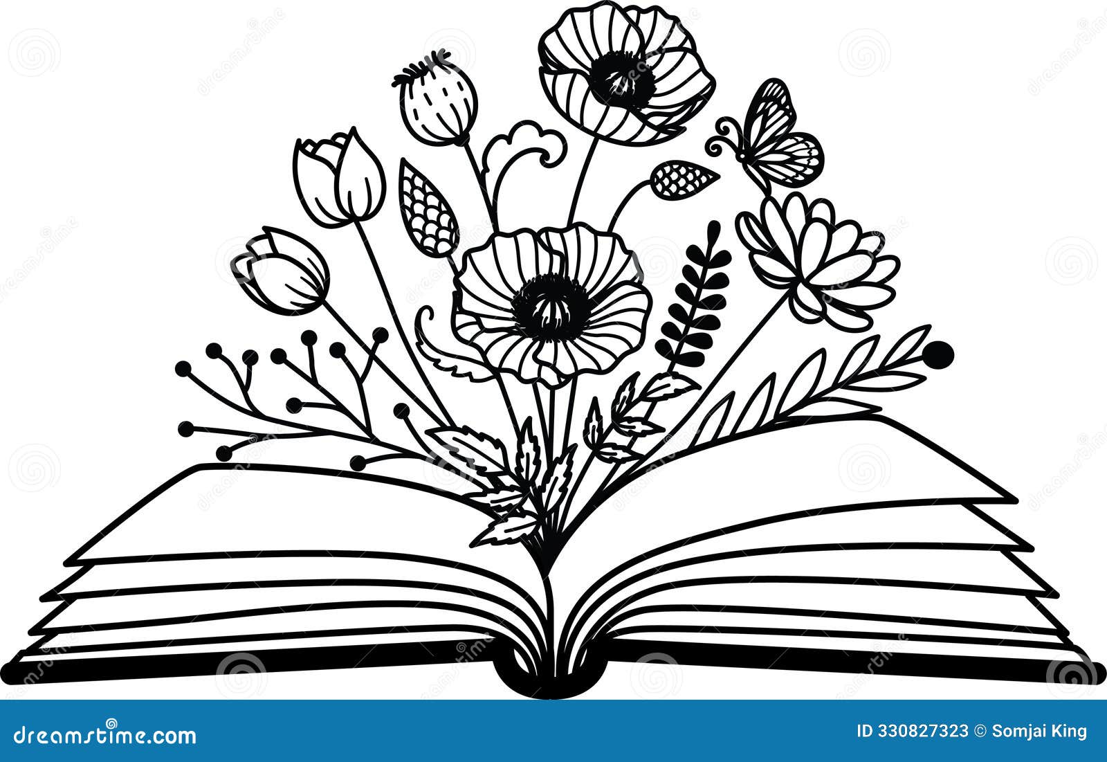 Drawing Flowers on Opened Book with Editable Strokes. Vector ...