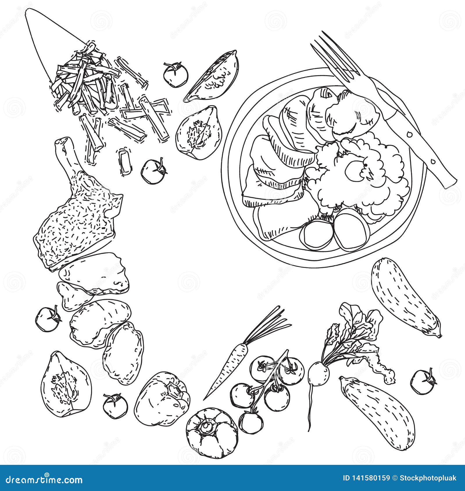 Drawing Food Background Linear Graphic. Engraved Top View Stock Vector ...
