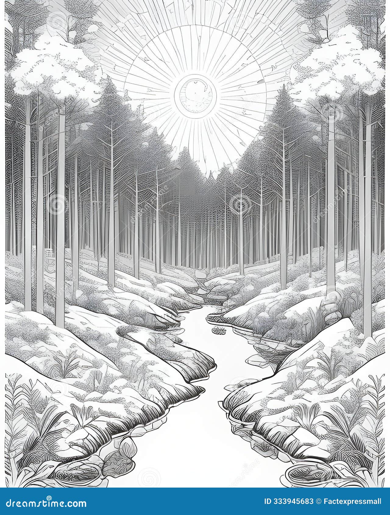 A Drawing of a Forest with a Sun Shining through the Trees. Stock ...