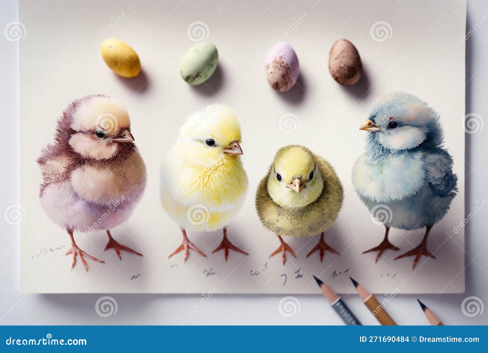 Drawing of Four Different Colors Small Chicks Characters, Easter Symbol ...