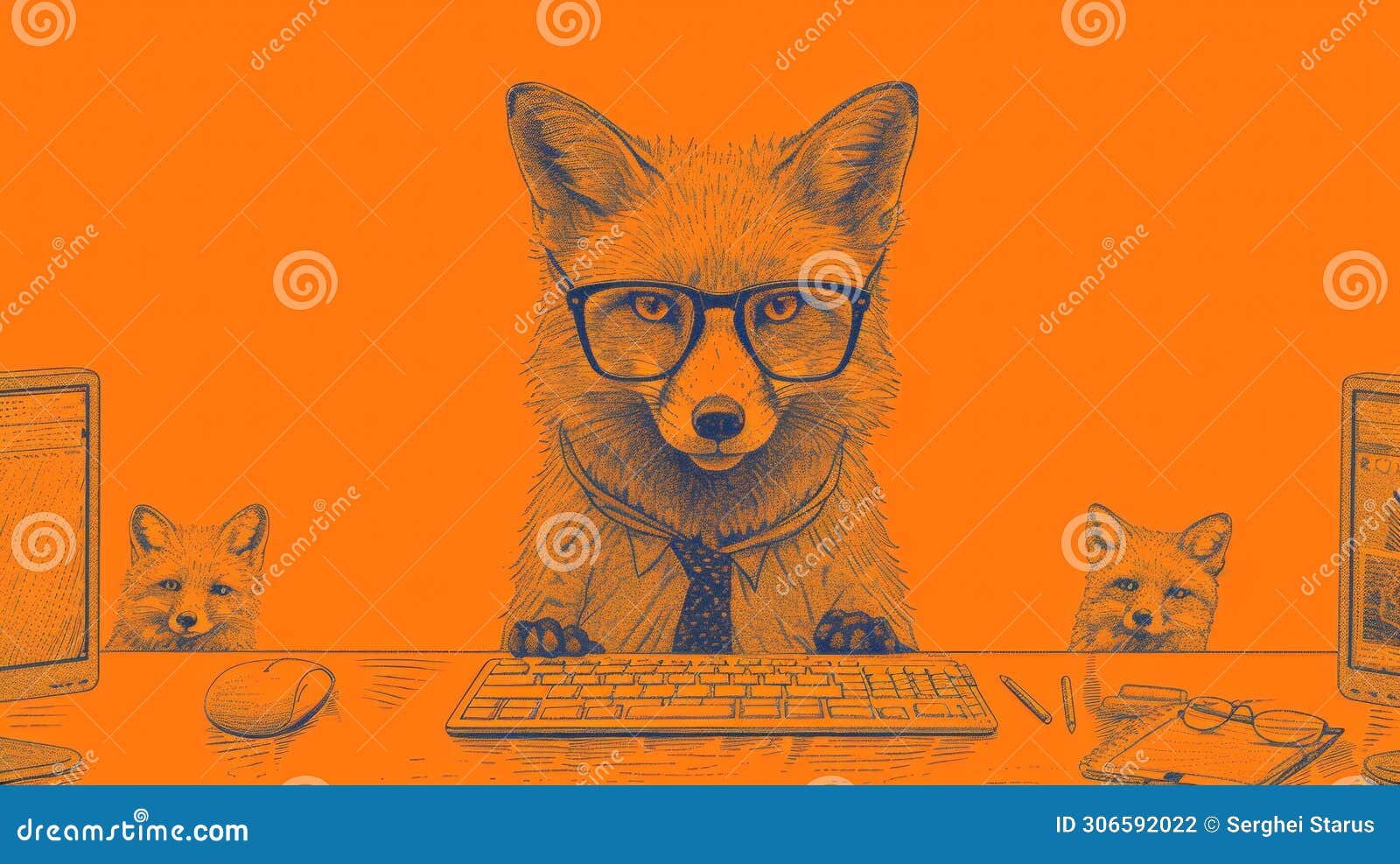 A Drawing of a Fox Wearing Glasses and Sitting at the Computer, AI ...