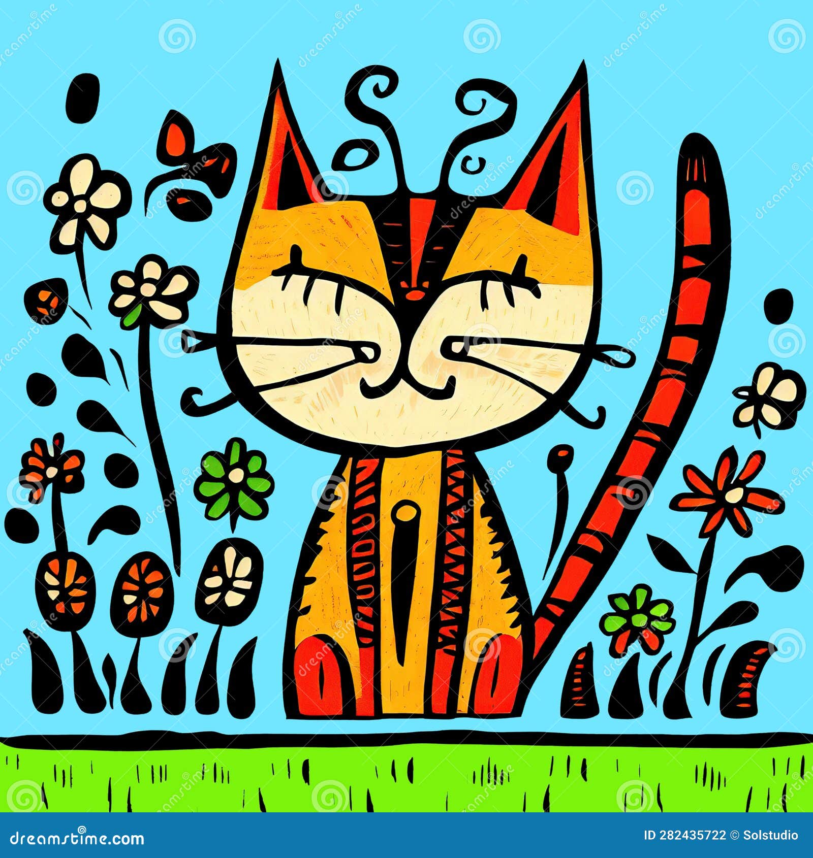 Drawing of a funny cat stock illustration. Illustration of kitty ...