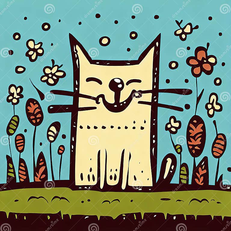 Drawing of a funny cat stock illustration. Illustration of happy ...