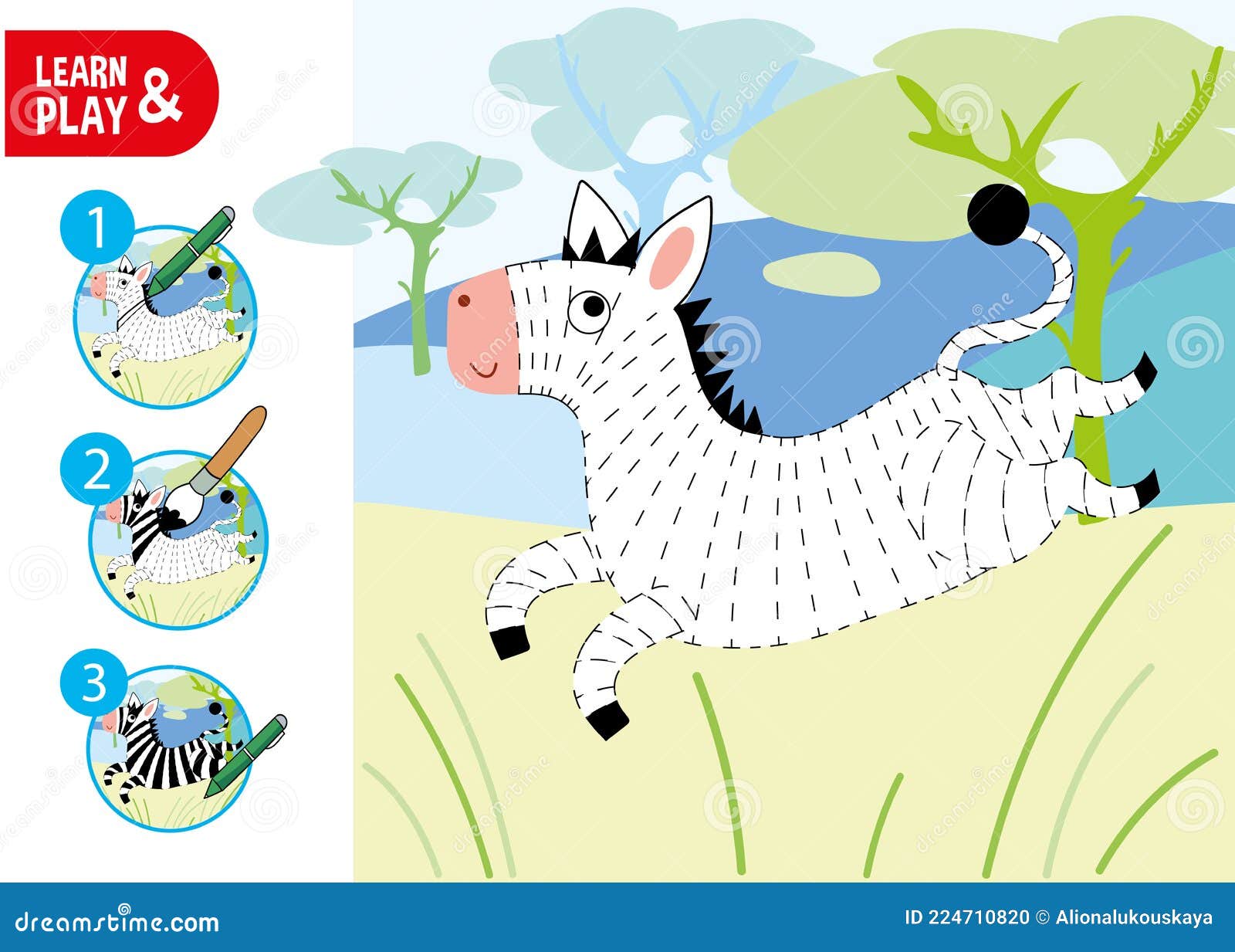 Drawing Game Tutorial Zebra in Africa Printable Template Vector Stock ...