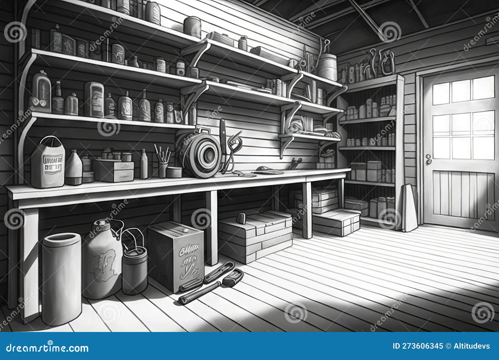 A Drawing of a Garage with Tools and Supplies Neatly Placed on Shelves ...