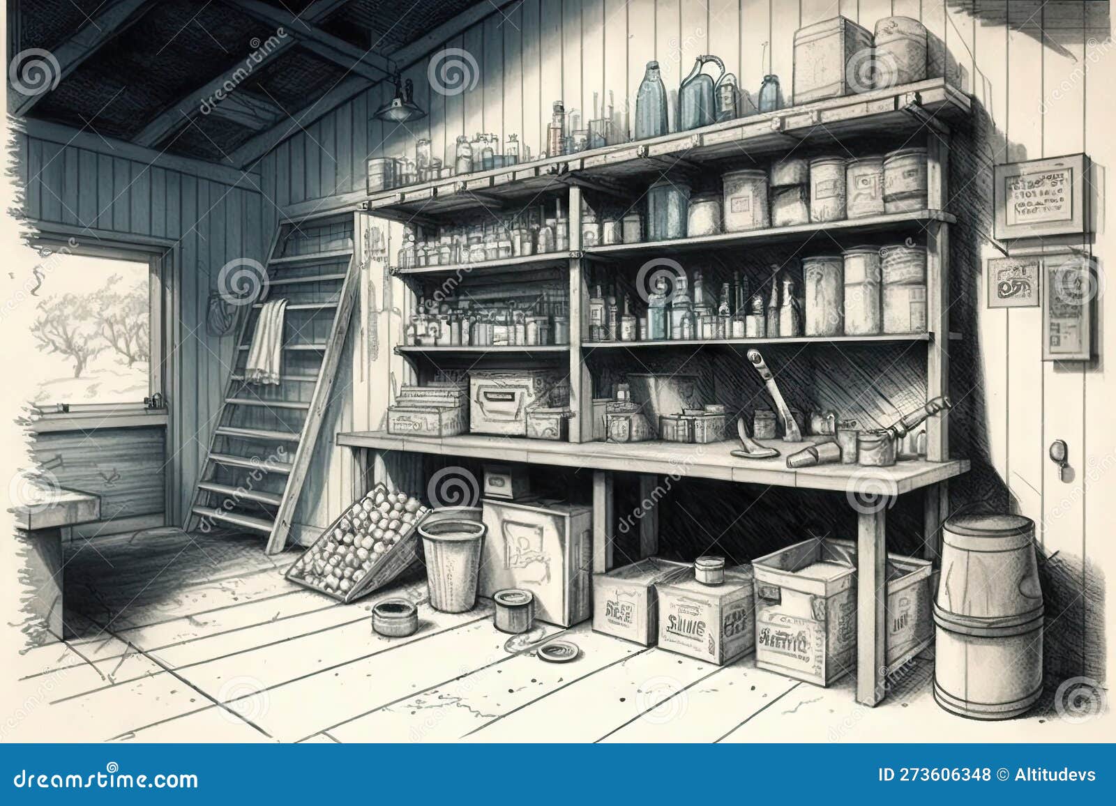 A Drawing of a Garage with Tools and Supplies Neatly Placed on Shelves ...