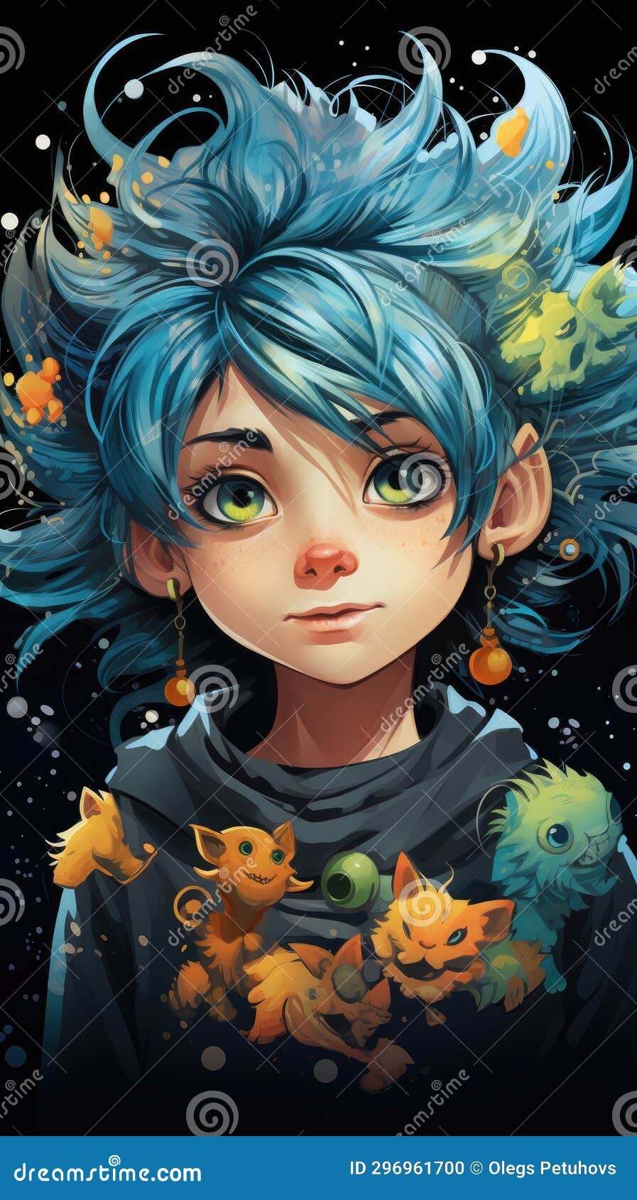 A Drawing Of A Girl With Blue Hair And Green Eyes With A Cat On Her
