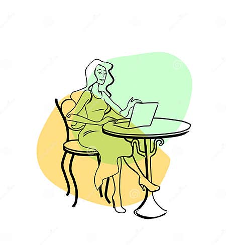 Drawing a Girl Sitting at a Computer Stock Illustration - Illustration ...