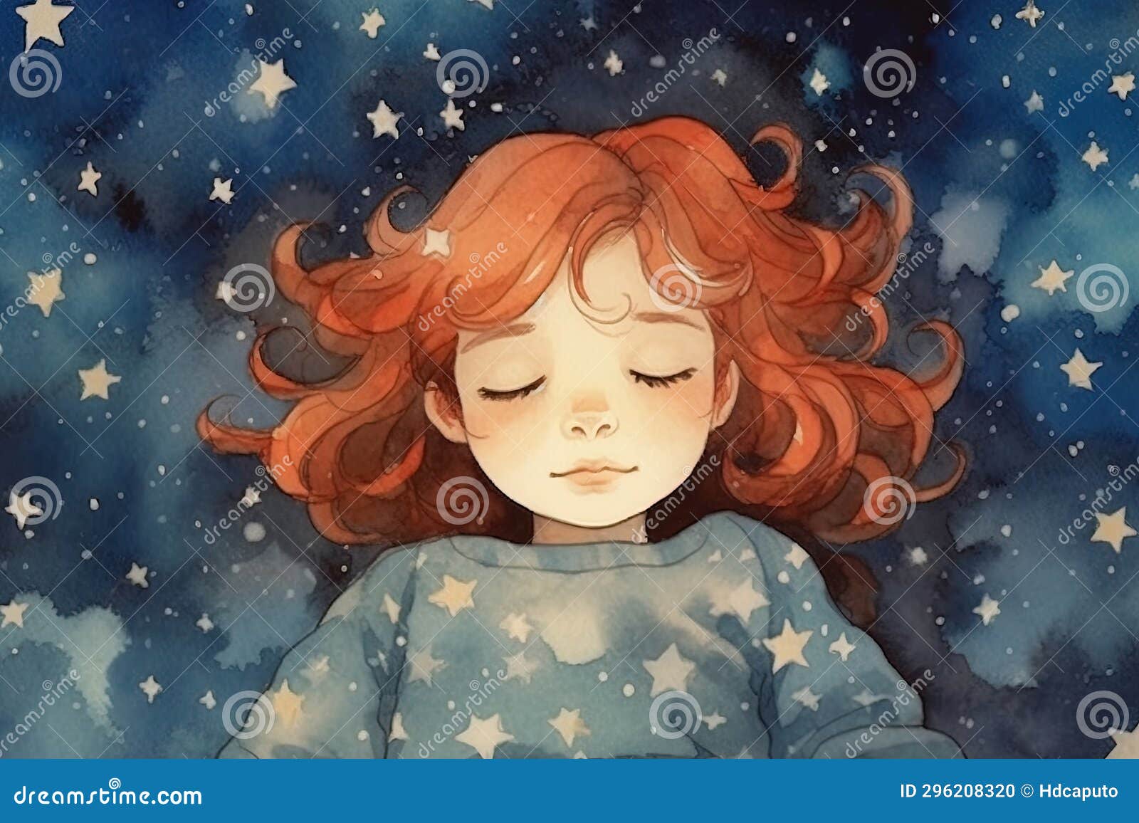 Drawing of a Girl Sleeping among the Clouds on a Night with Stars Stock ...