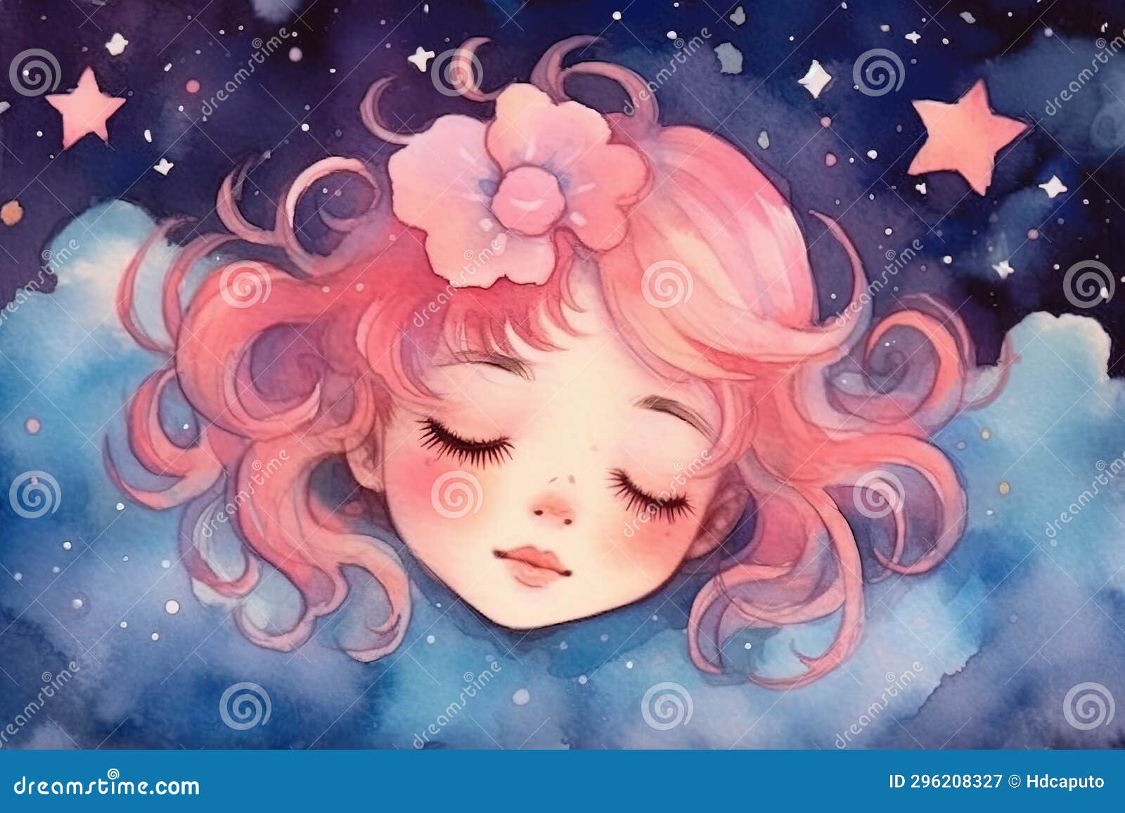 Drawing of a Girl Sleeping among the Clouds on a Night with Stars Stock ...