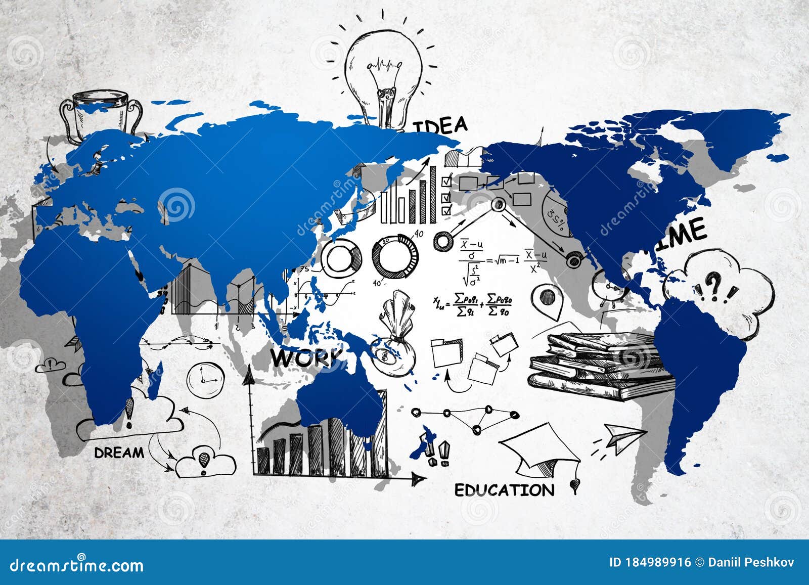 Drawing Global Business Plan and Blue World Map Stock Illustration ...