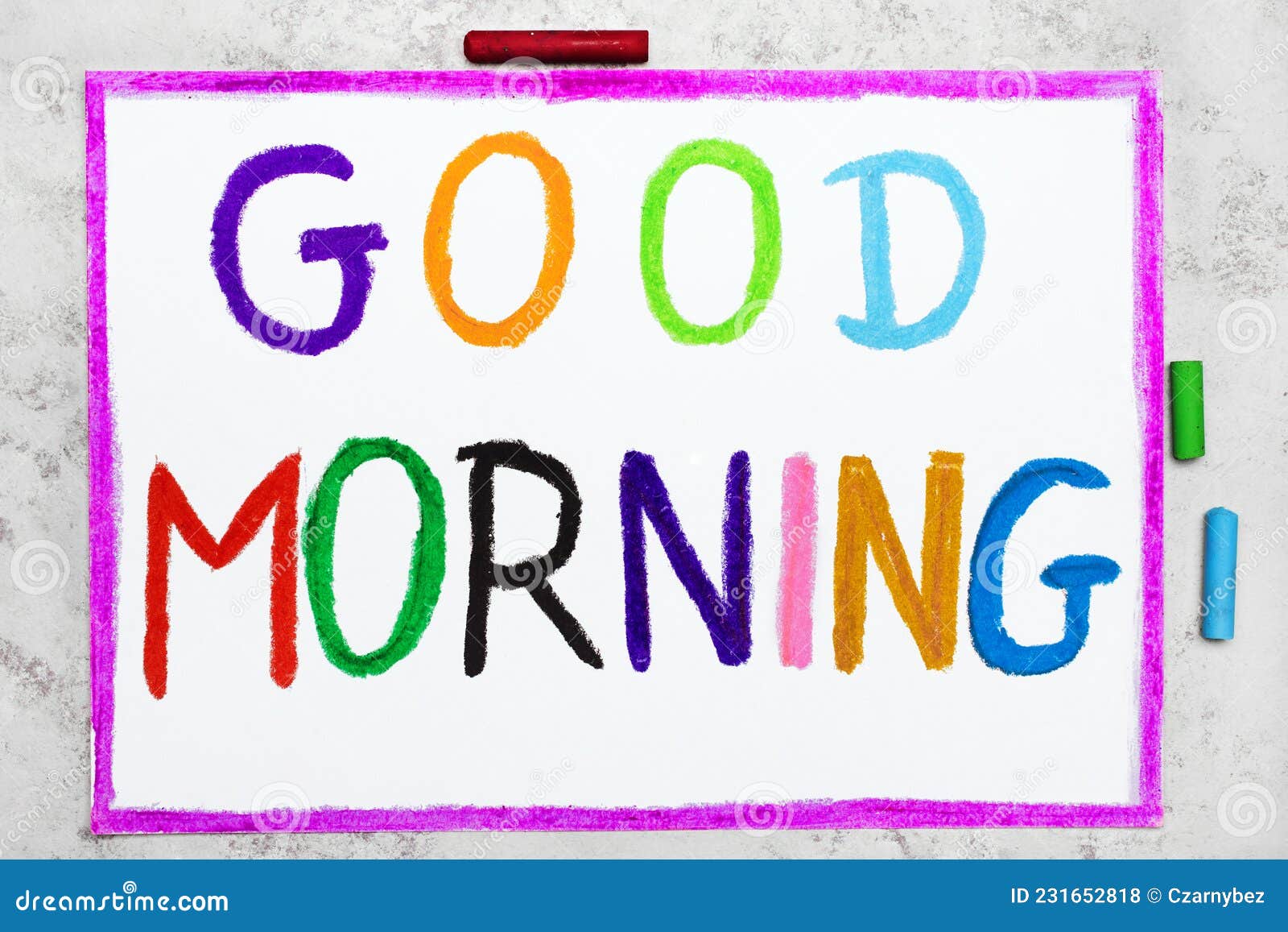 Drawing: GOOD MORNING card stock photo. Image of crayon - 231652818