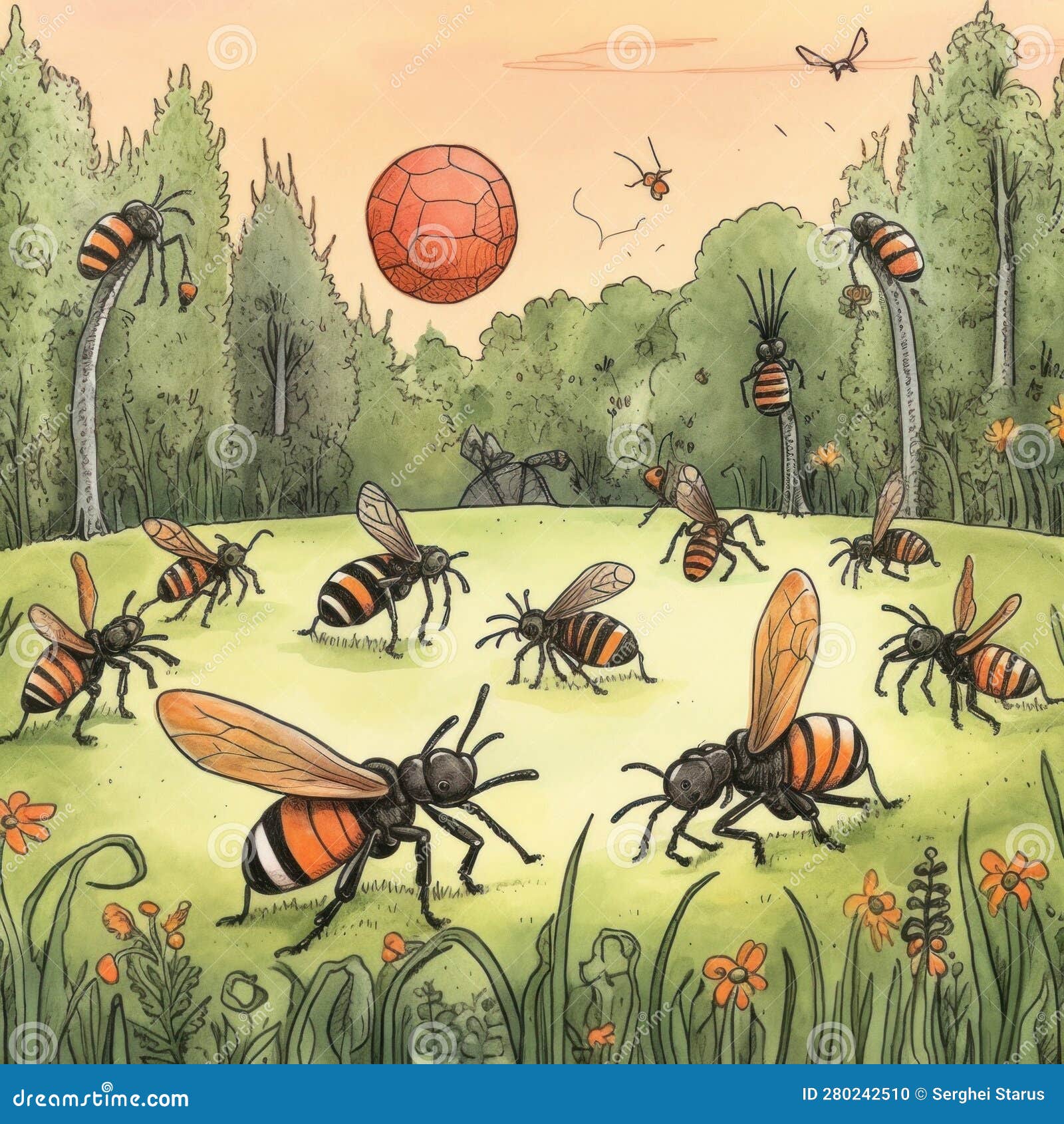 A Drawing of a Group of Bees in a Field. Generative AI Image. Stock ...
