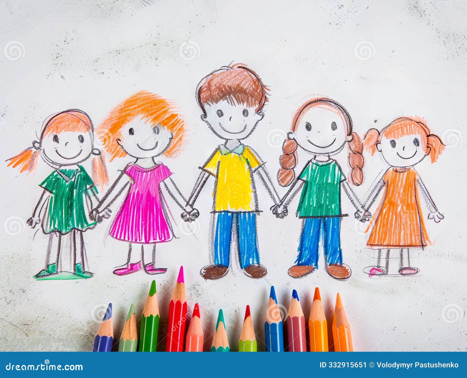 A Drawing of a Group of Children Holding Hands with Colored Pencils ...