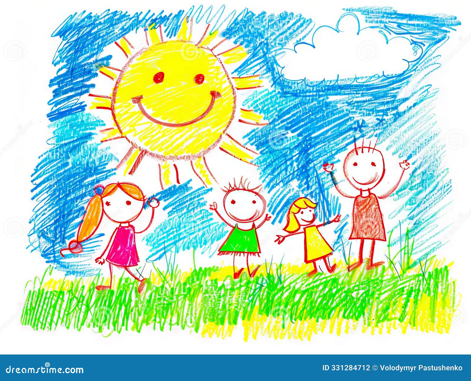 A Drawing of a Group of Children Playing in the Grass with a Sun Stock ...