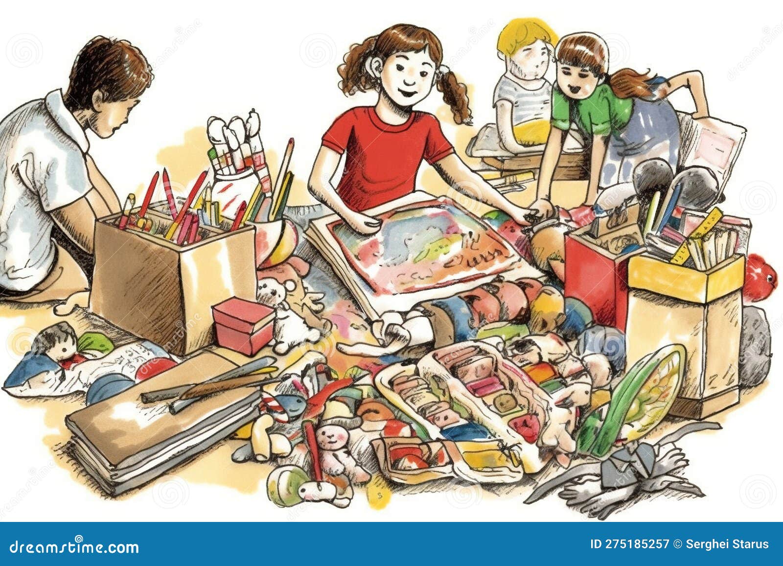 A Drawing of a Group of Children Surrounded by Art Supplies. AI ...