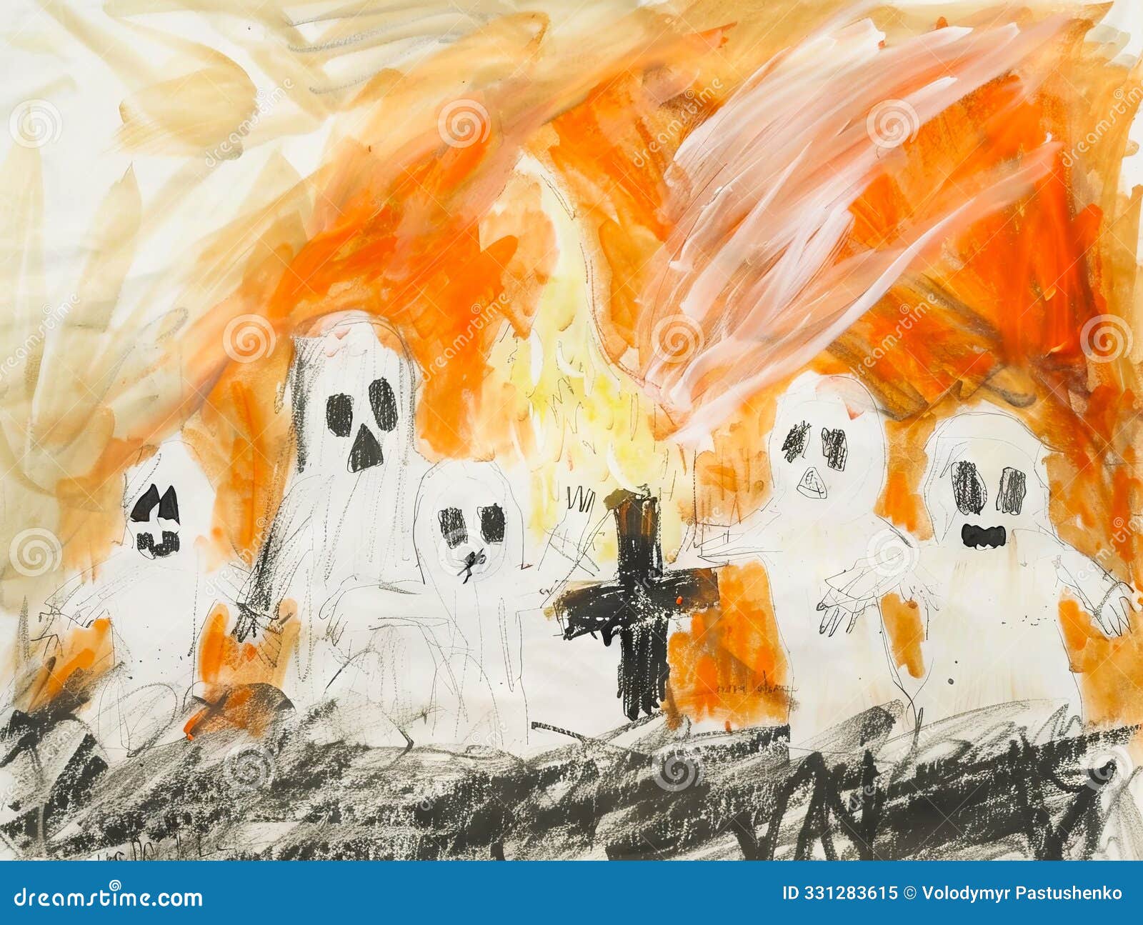 A Drawing of a Group of Ghosts in Front of a Fire Stock Image - Image ...