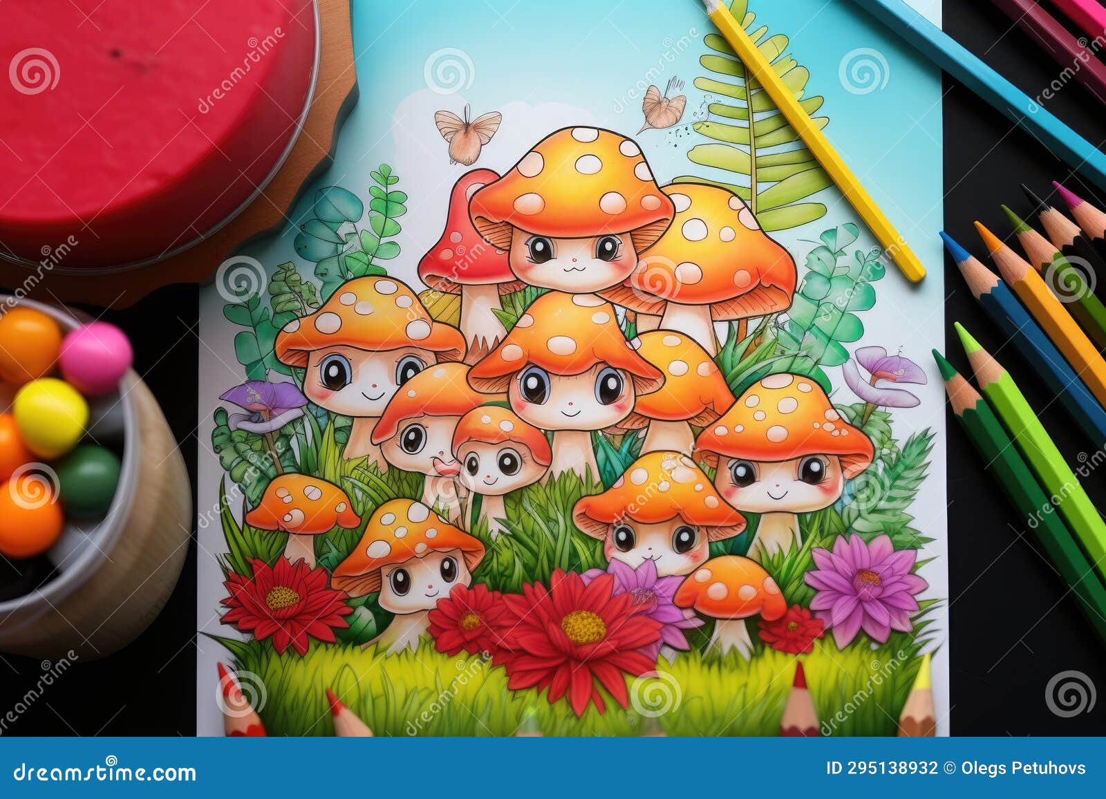 A Drawing of a Group of Mushrooms in a Field of Flowers. Generative Ai ...