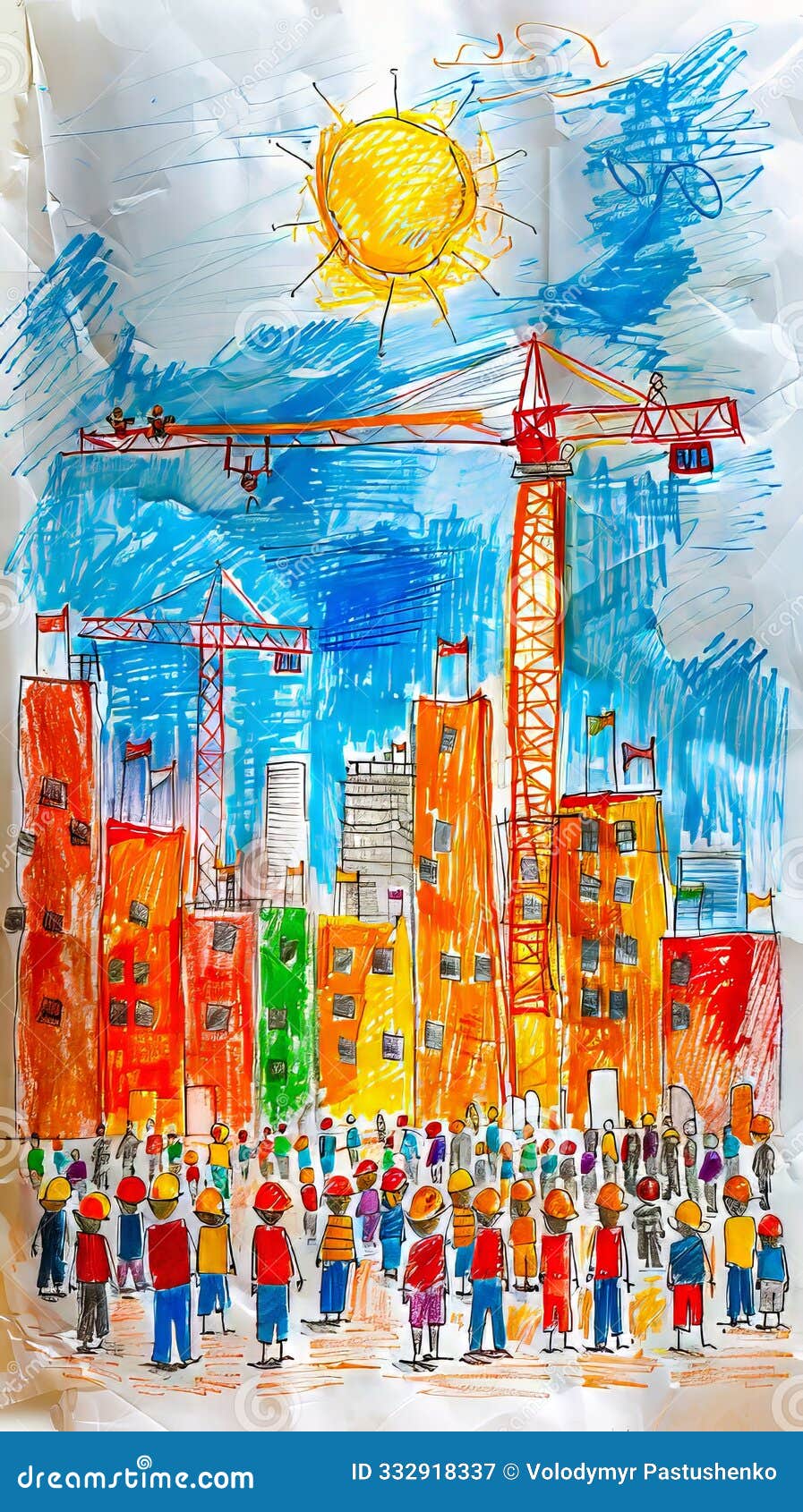 A Drawing of a Group of People Standing in Front of a Construction Site ...