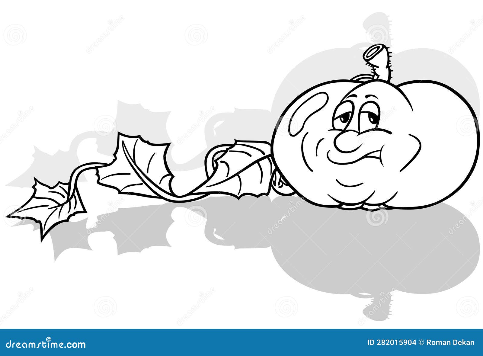 Drawing of a Grumpy Pumpkin with a Long Stem and Leaves Stock Vector ...