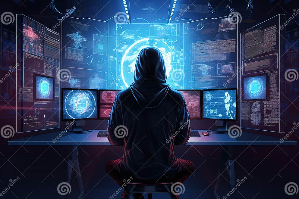 Drawing of Hacker Sitting at Computer Stock Photo - Image of cyberspace ...