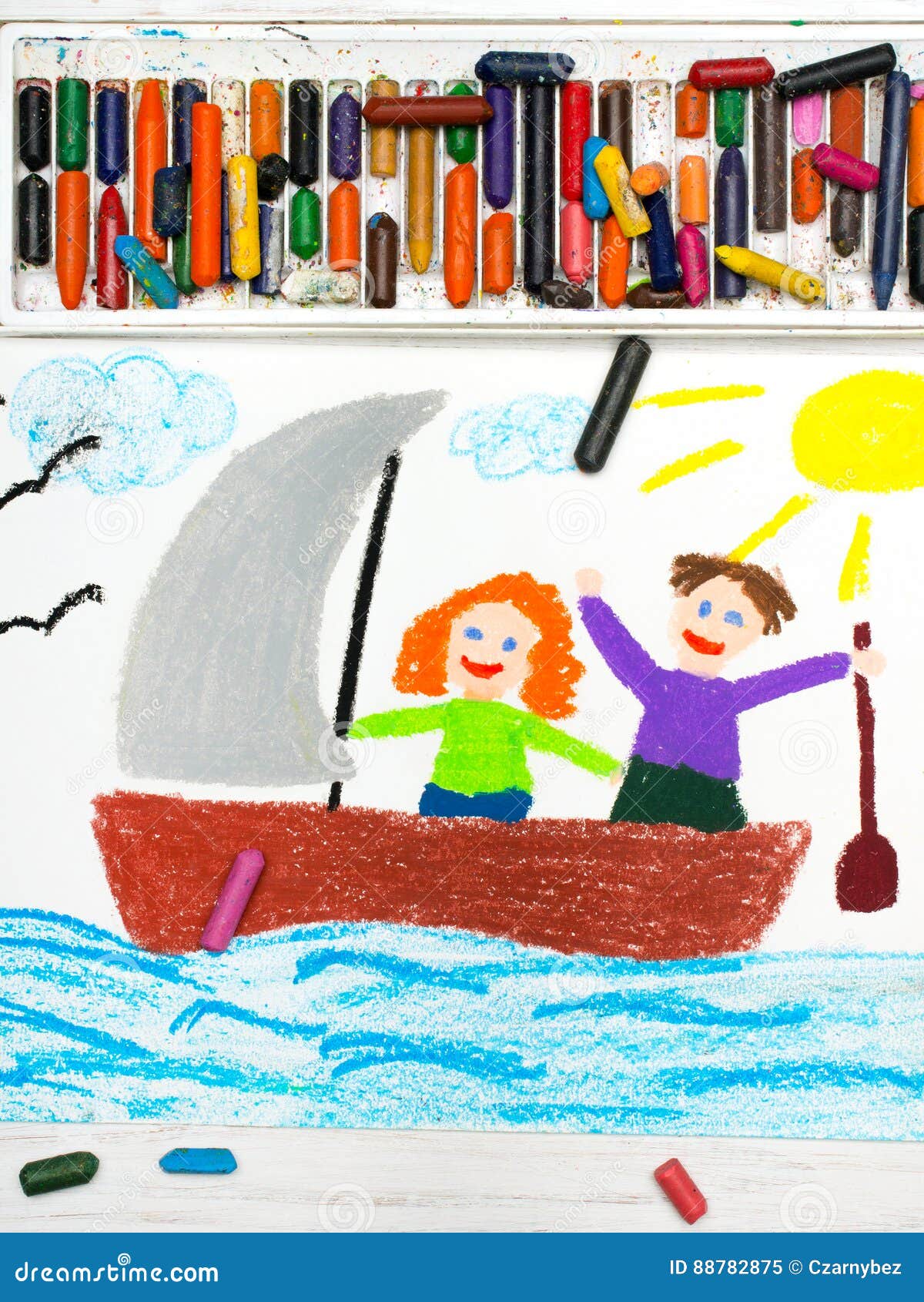 Drawing: Happy Couple Floating on a Sailboat Stock Image - Image of ...