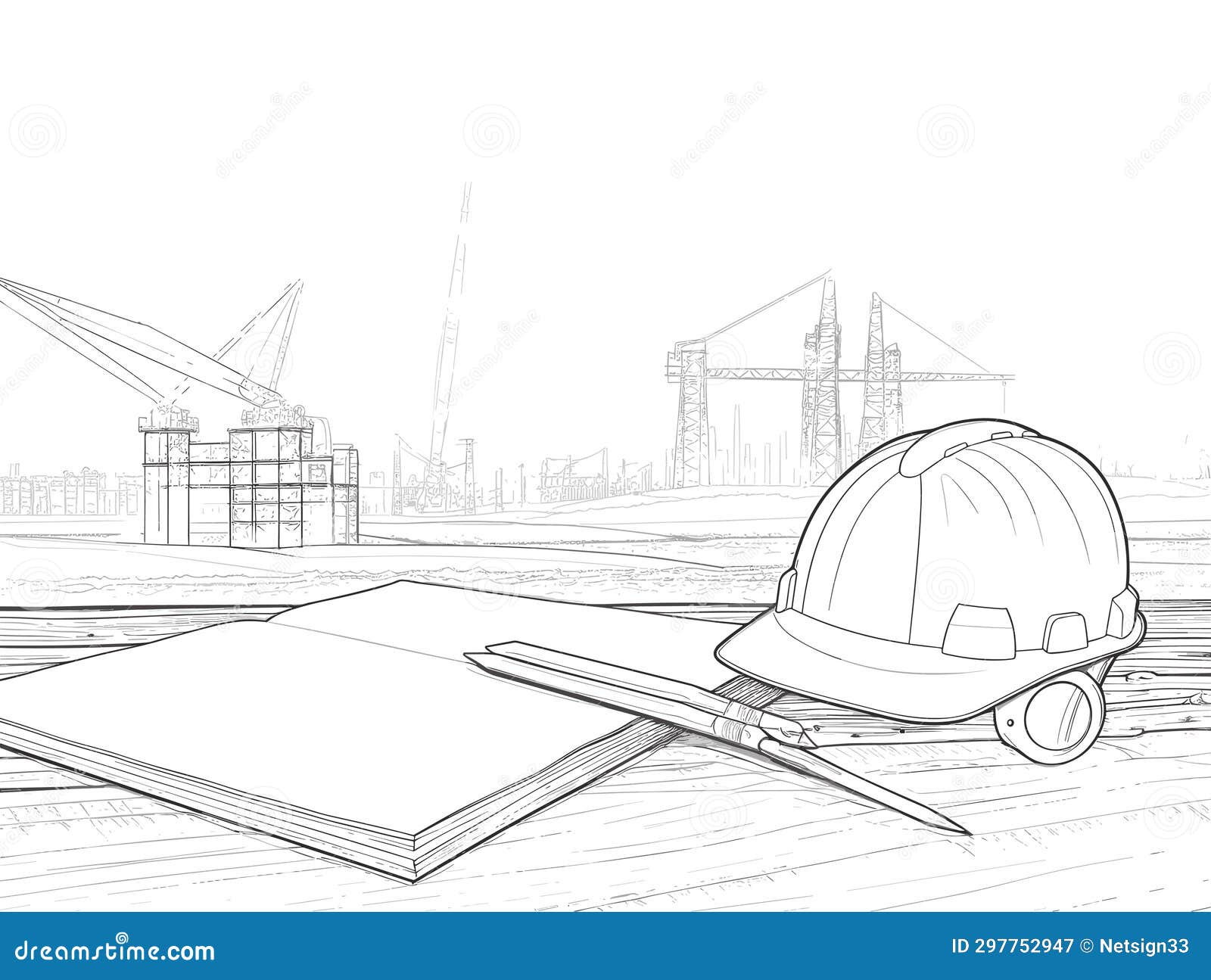 A Drawing of a Hard Hat and Scissors on a Table - Safety Helmet on ...