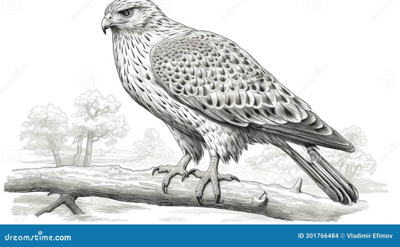 Drawing of Hawk Perched on Tree Branch. Suitable for Nature and ...
