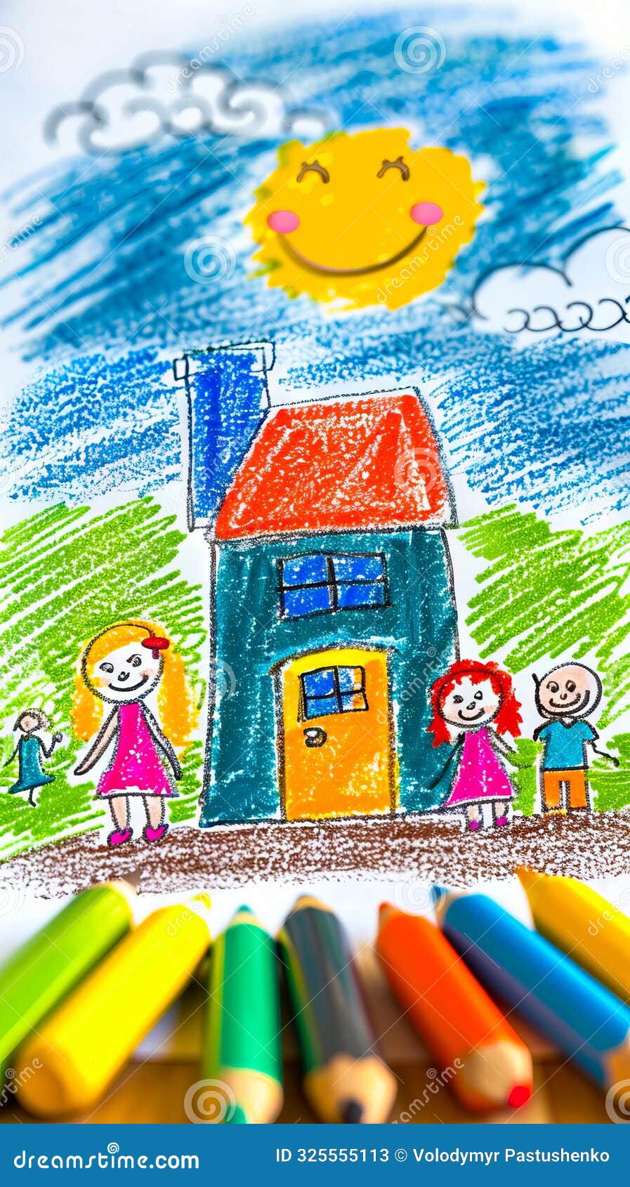 A Drawing of a House with Children and Crayons Stock Image - Image of ...