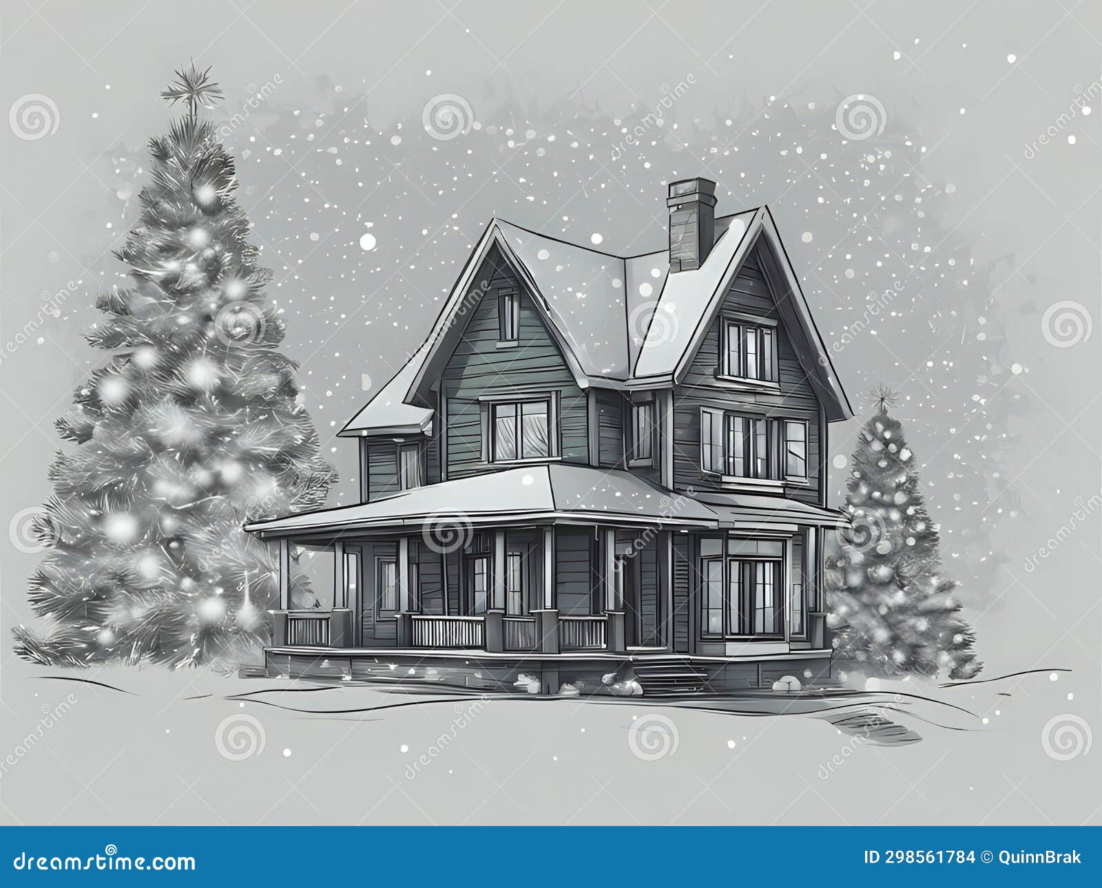 Drawing of a House with a Christmas Tree in Front of it Stock ...