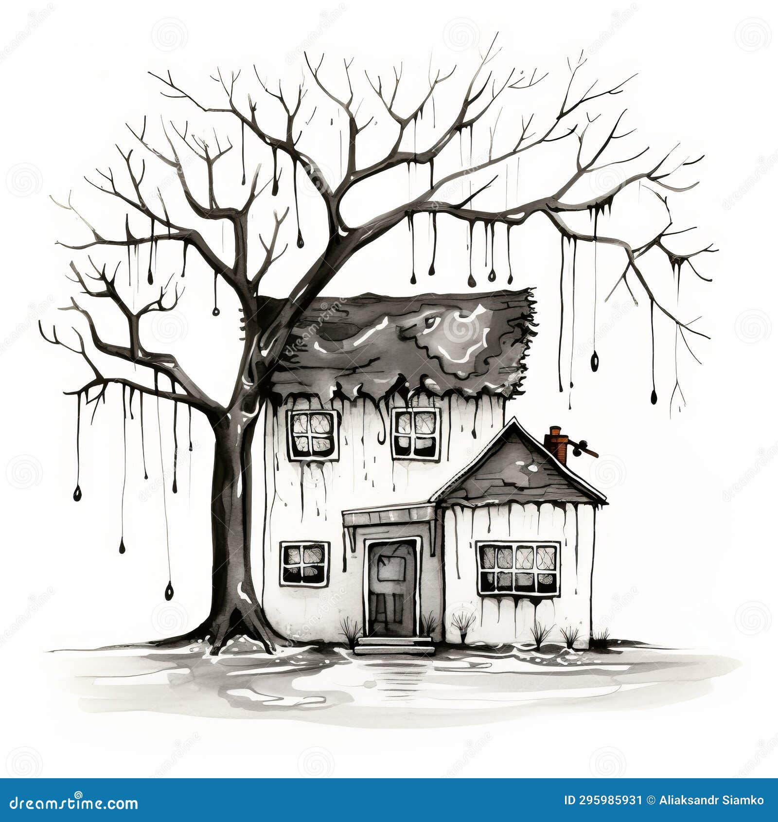 A Drawing of a House and a Tree Stock Illustration - Illustration of ...