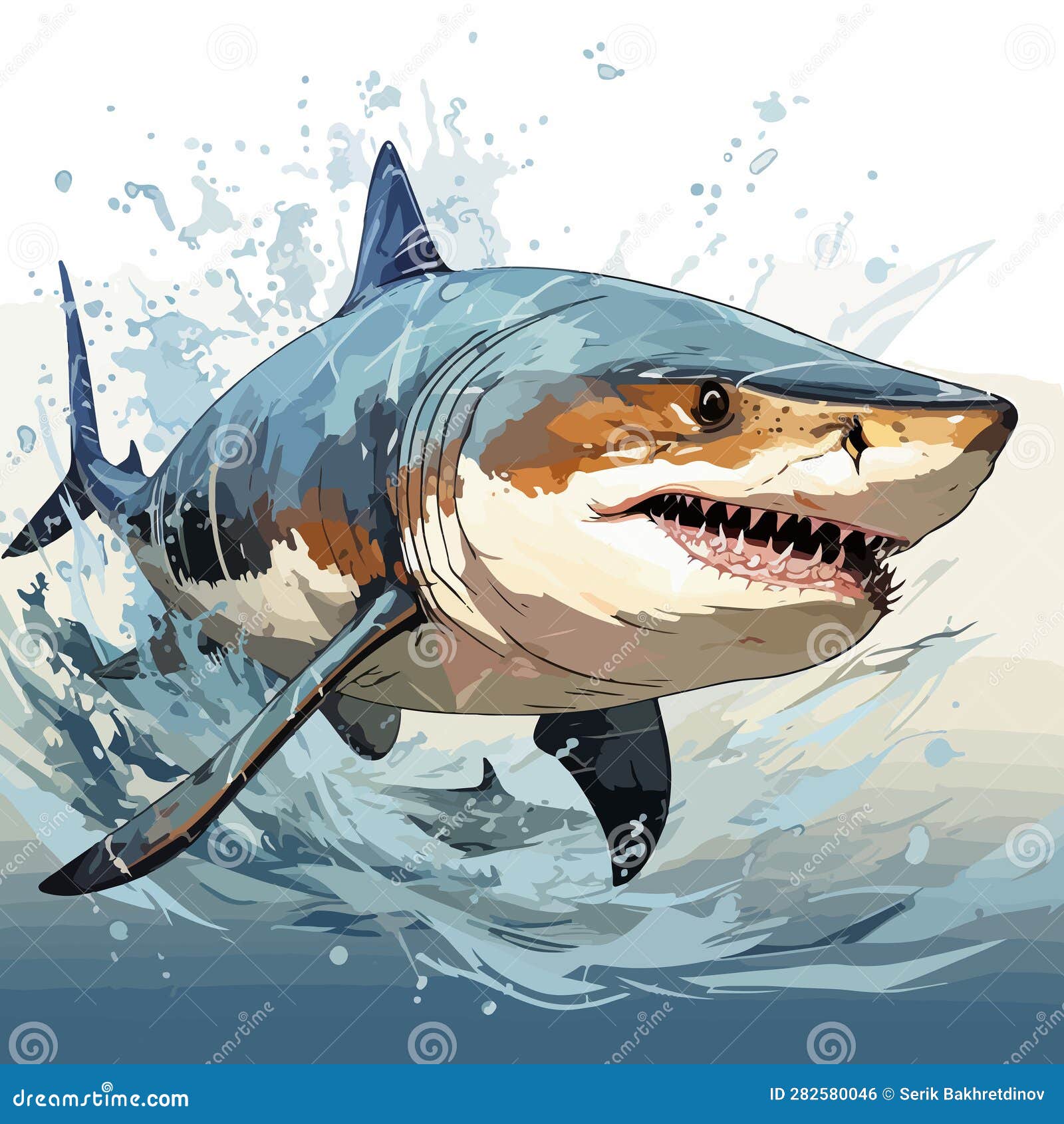 Drawing of a Huge Shark in Waves and Splashes of Water. Stock Vector ...
