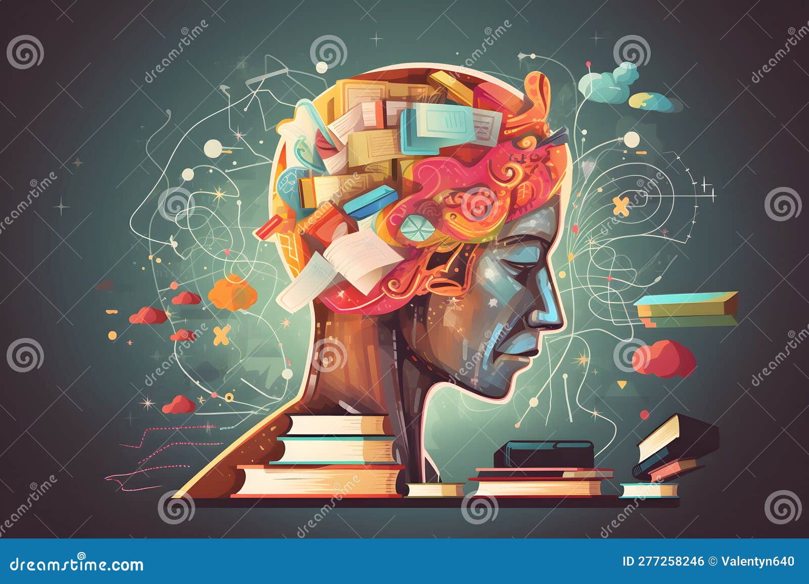 Drawing of Human Head with Books on Top of it and Book on the Bottom of ...