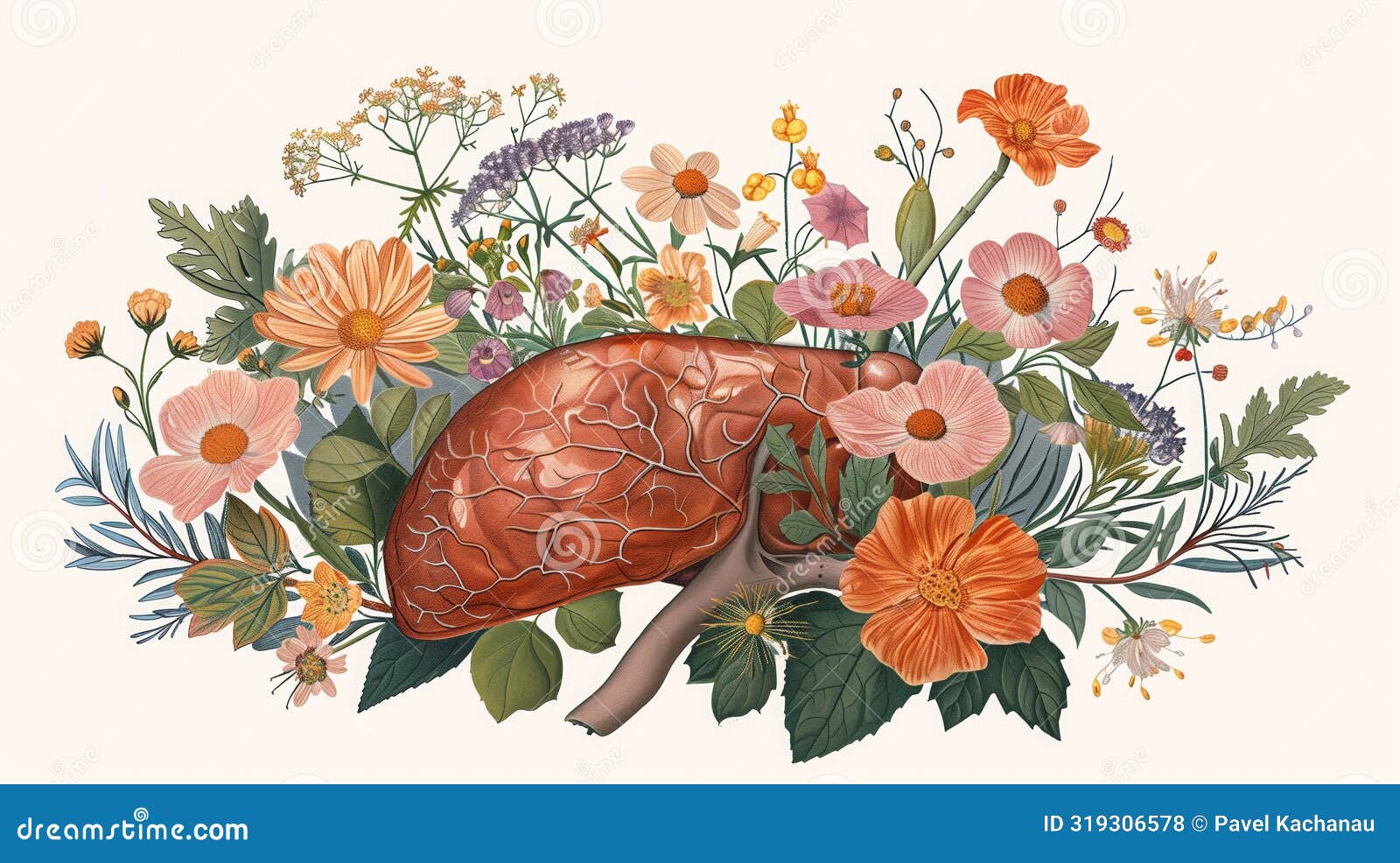 Drawing of a Human Liver with Flowers Surrounding it Stock Illustration ...