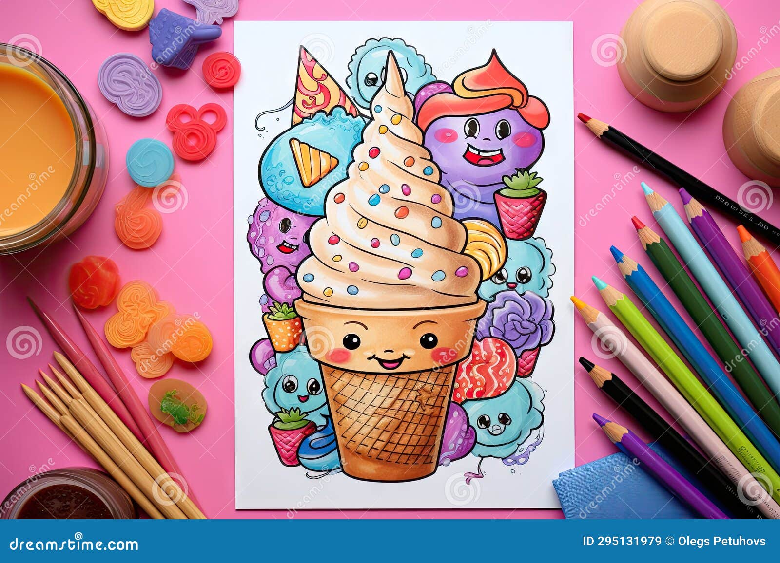 A Drawing of an Ice Cream Cone Surrounded by Crayons. Generative Ai ...