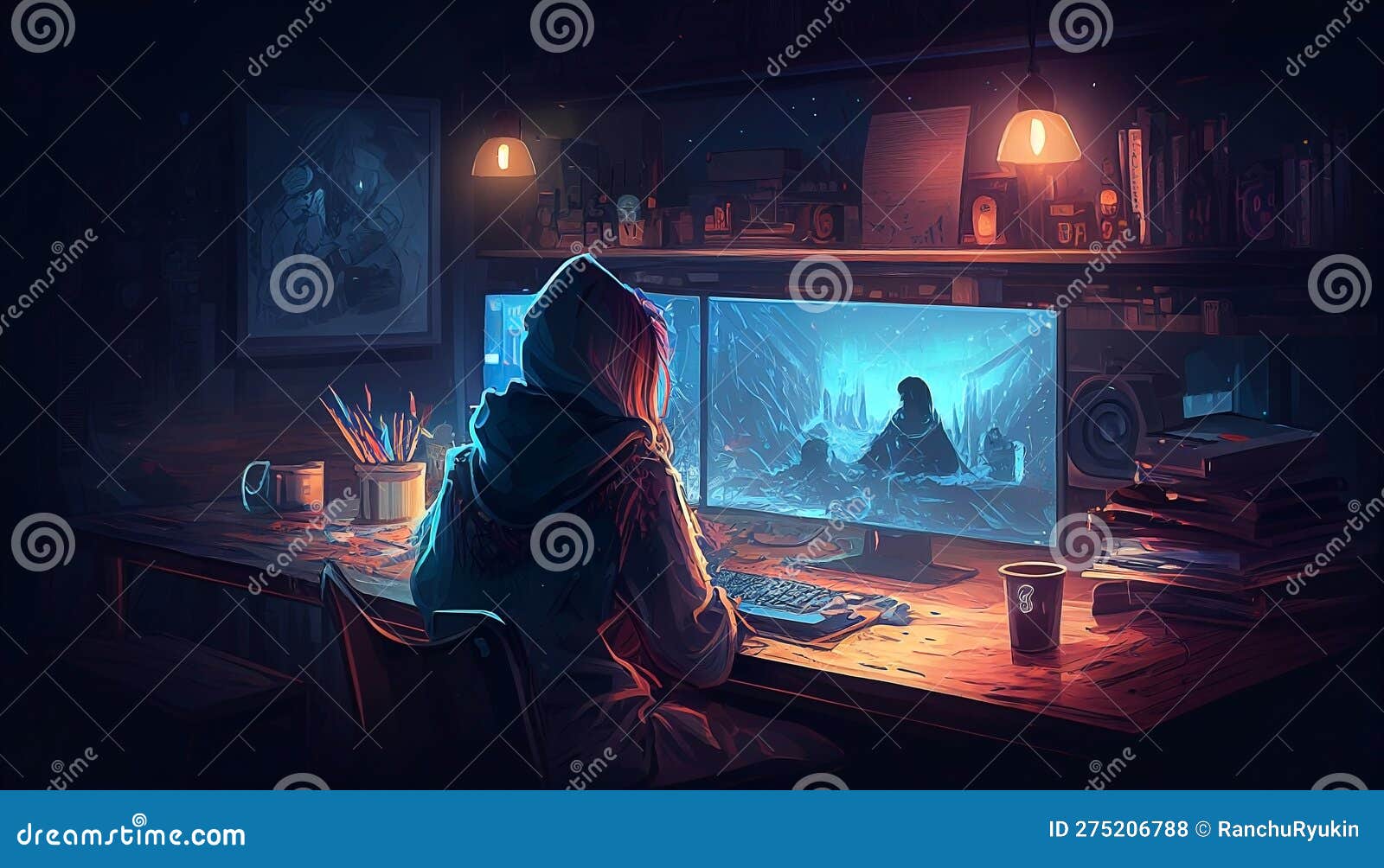 Illustration of Young Man Playing Game in Desktop at Bedroom Stock ... Illustration of Young Man Playing Game in Desktop at Bedroom Stock ...