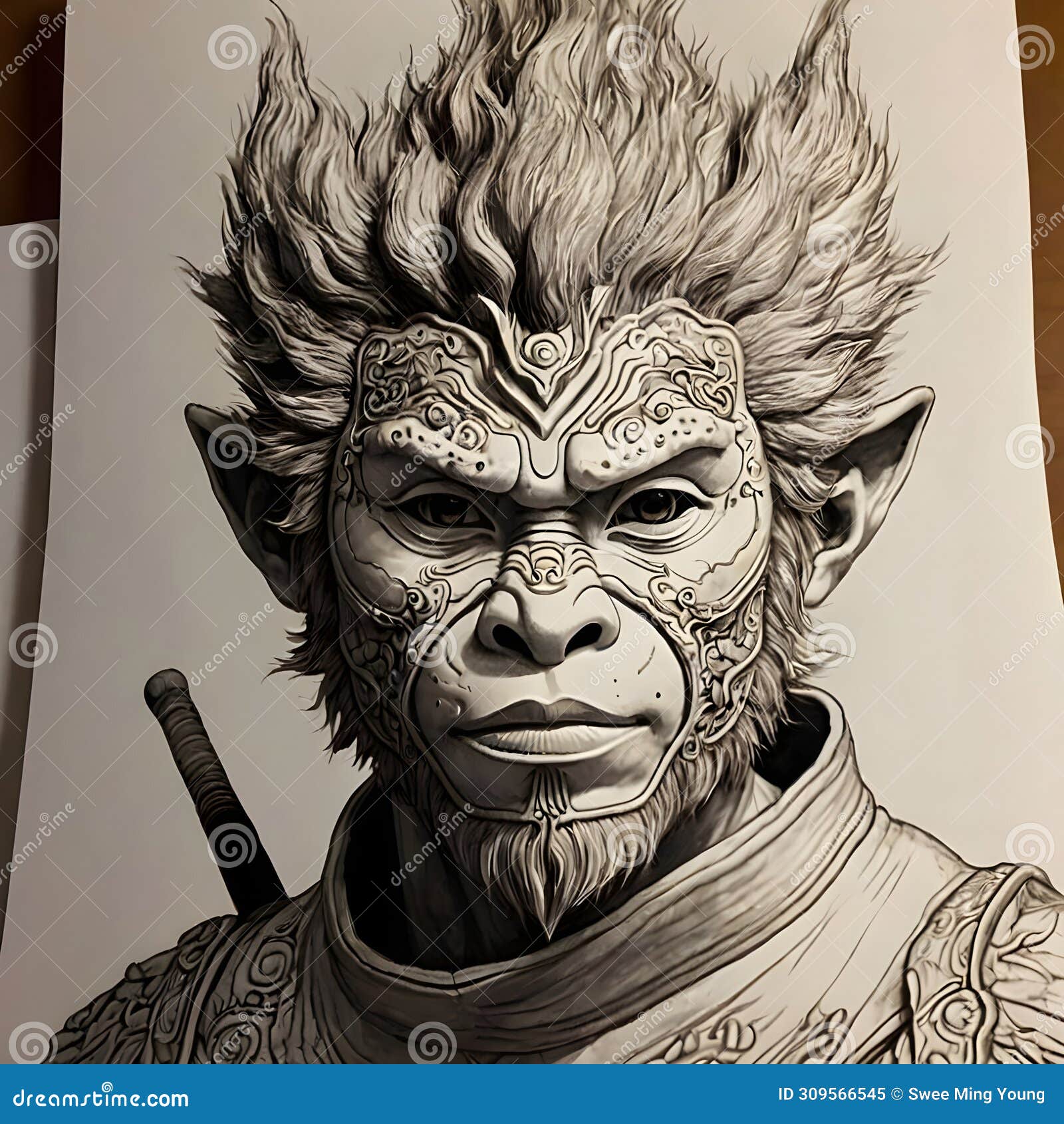 Drawing Image Of Sun Wukong Made With Minimalistic Aesthetic Lines Stock Illustration