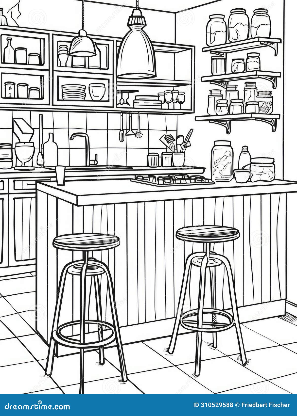 A Drawing of a Kitchen with a Bar and Stools, Coloring Book for Kids ...