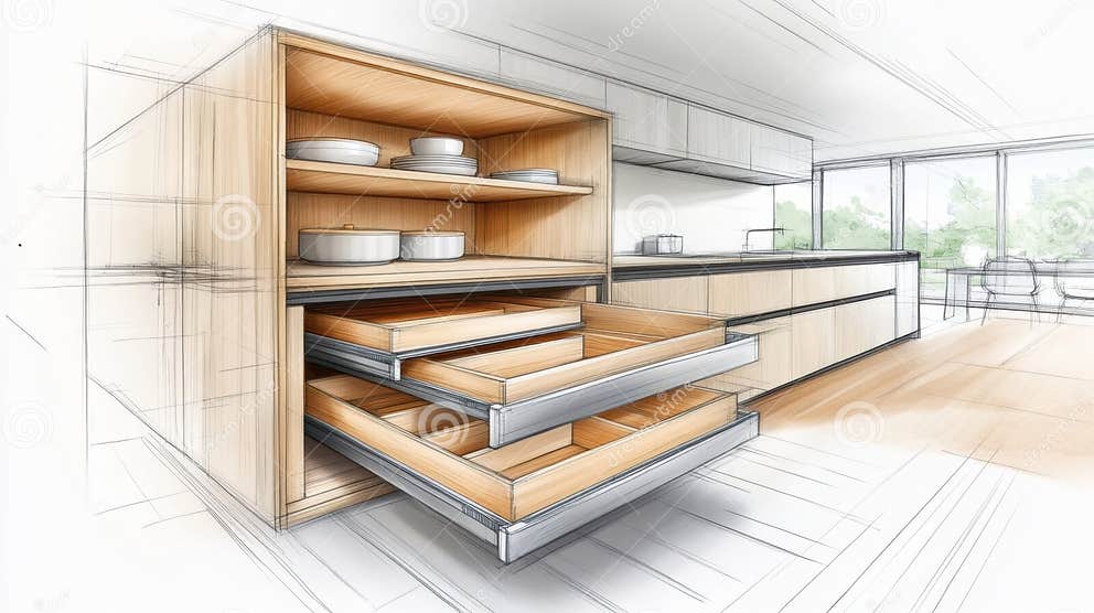 A Drawing of a Kitchen with Drawers and Cabinets, AI Stock Image ...