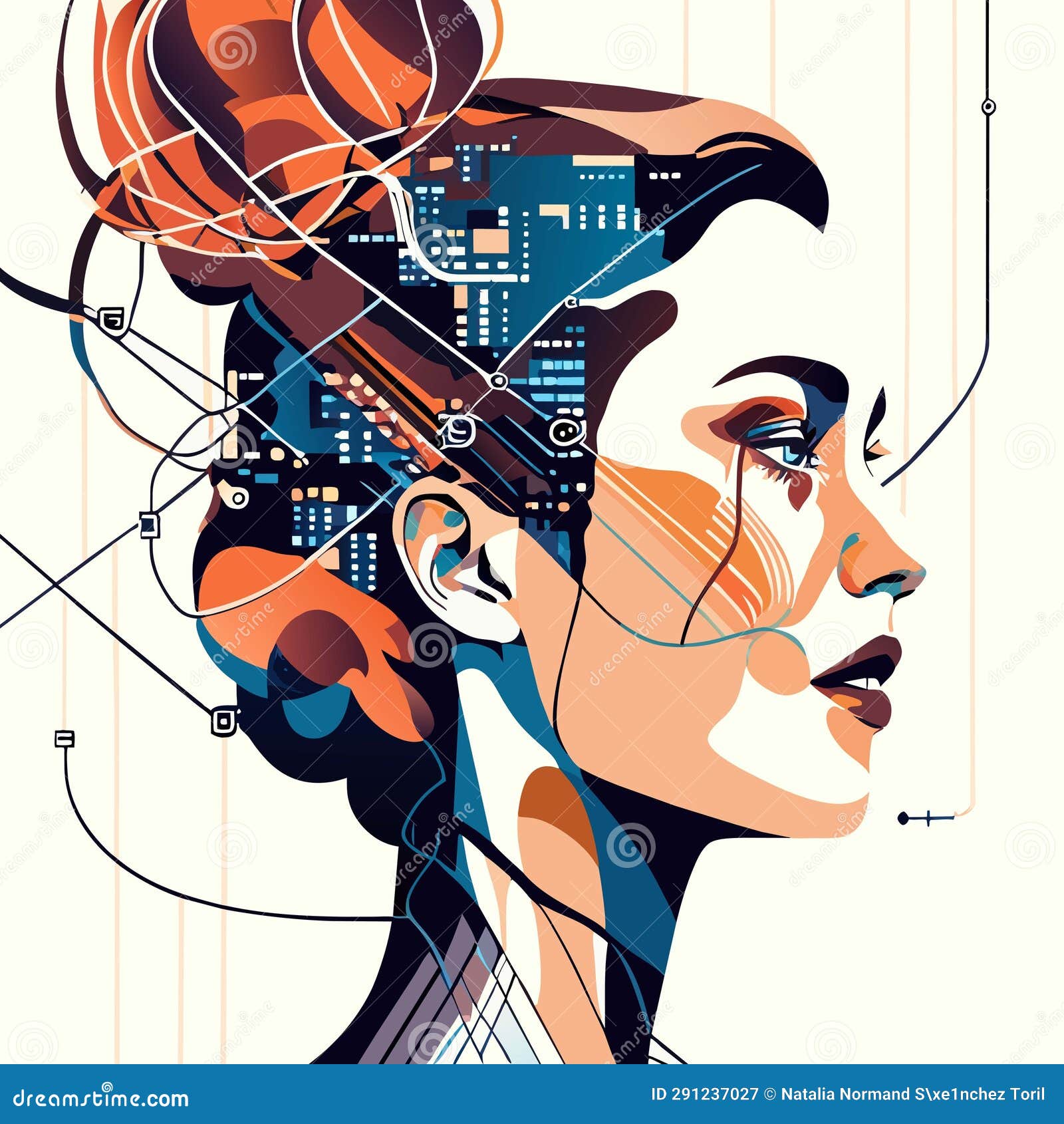 Drawing of a Lady Merged into Technology Stock Vector - Illustration of ...