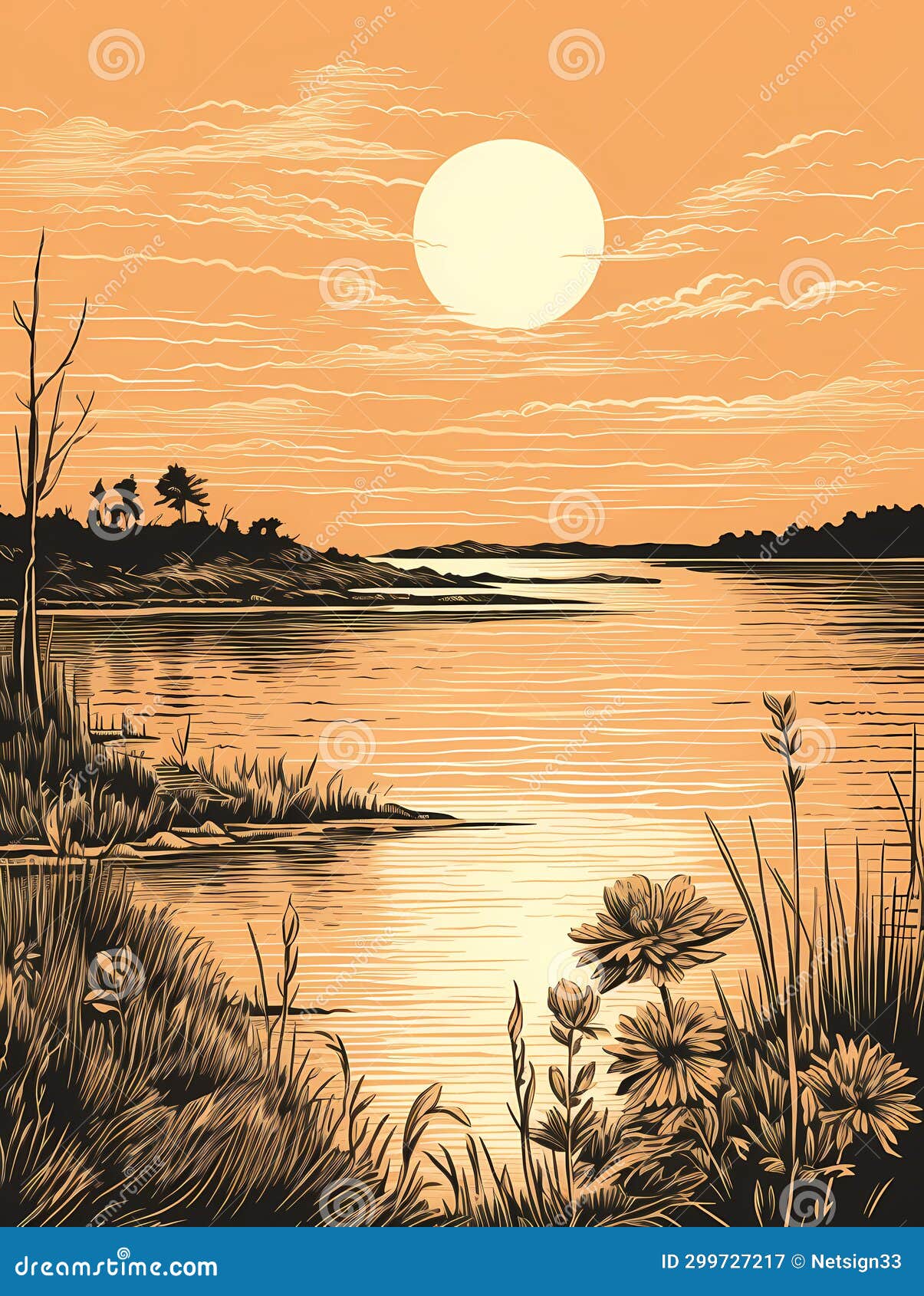 A Drawing of a Lake with a Sunset, Sunset Over the Lake Stock ...