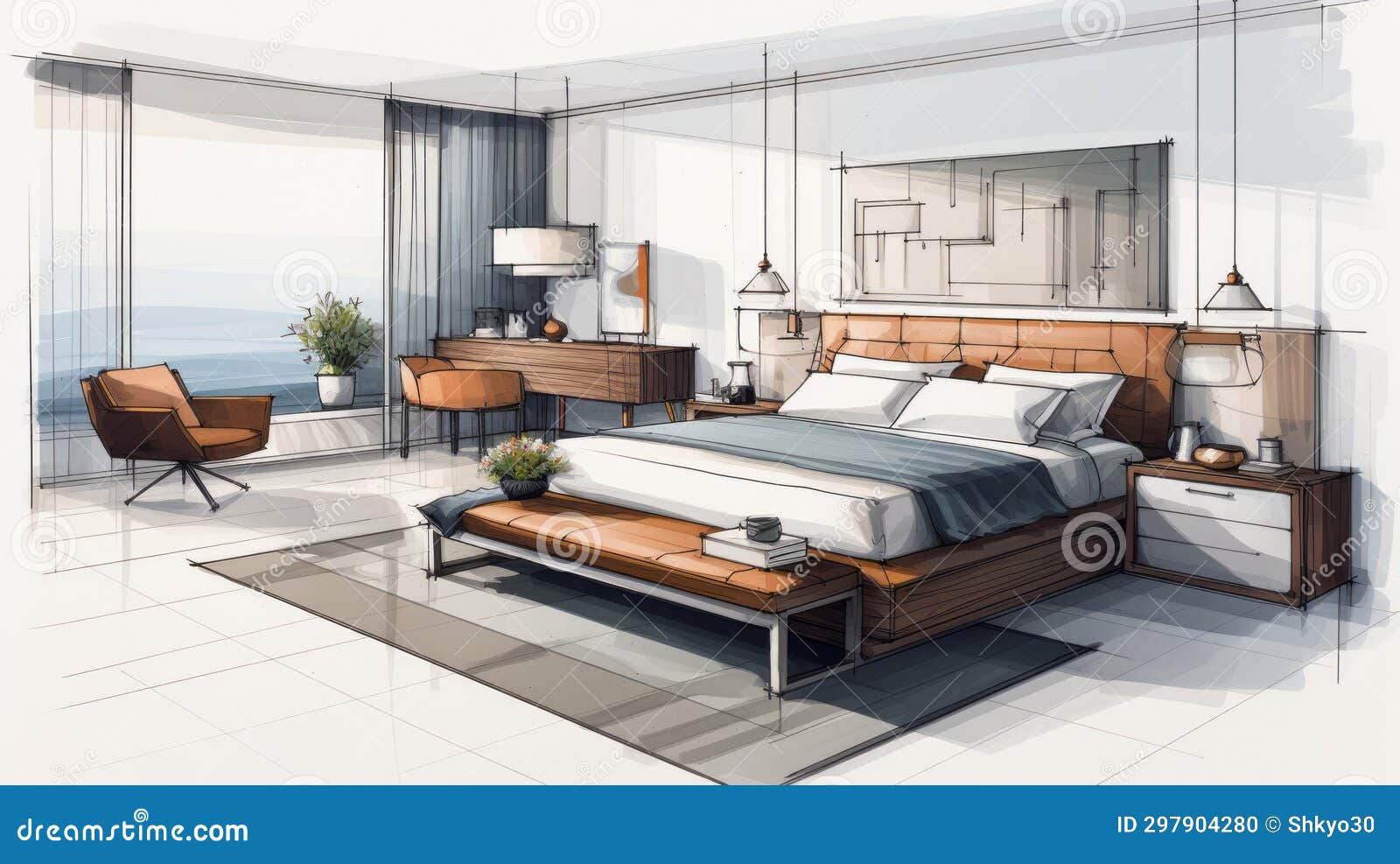 Drawing of a Large Bedroom Interior with Refined Modern Style Like an ...