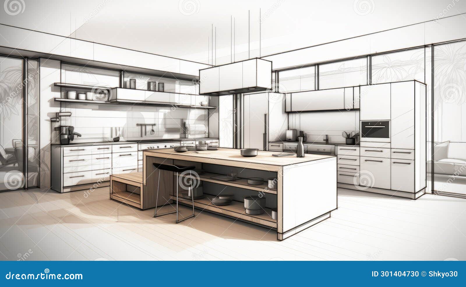 Drawing of a Large Kitchen Interior with Very Refined Modern Style ...