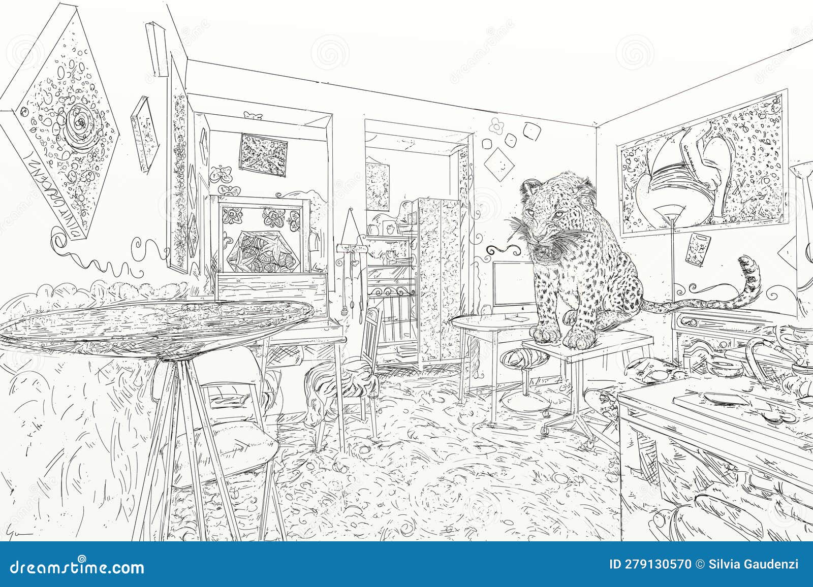 Drawing of a Leopard in the Interior of an Old House Stock Illustration ...
