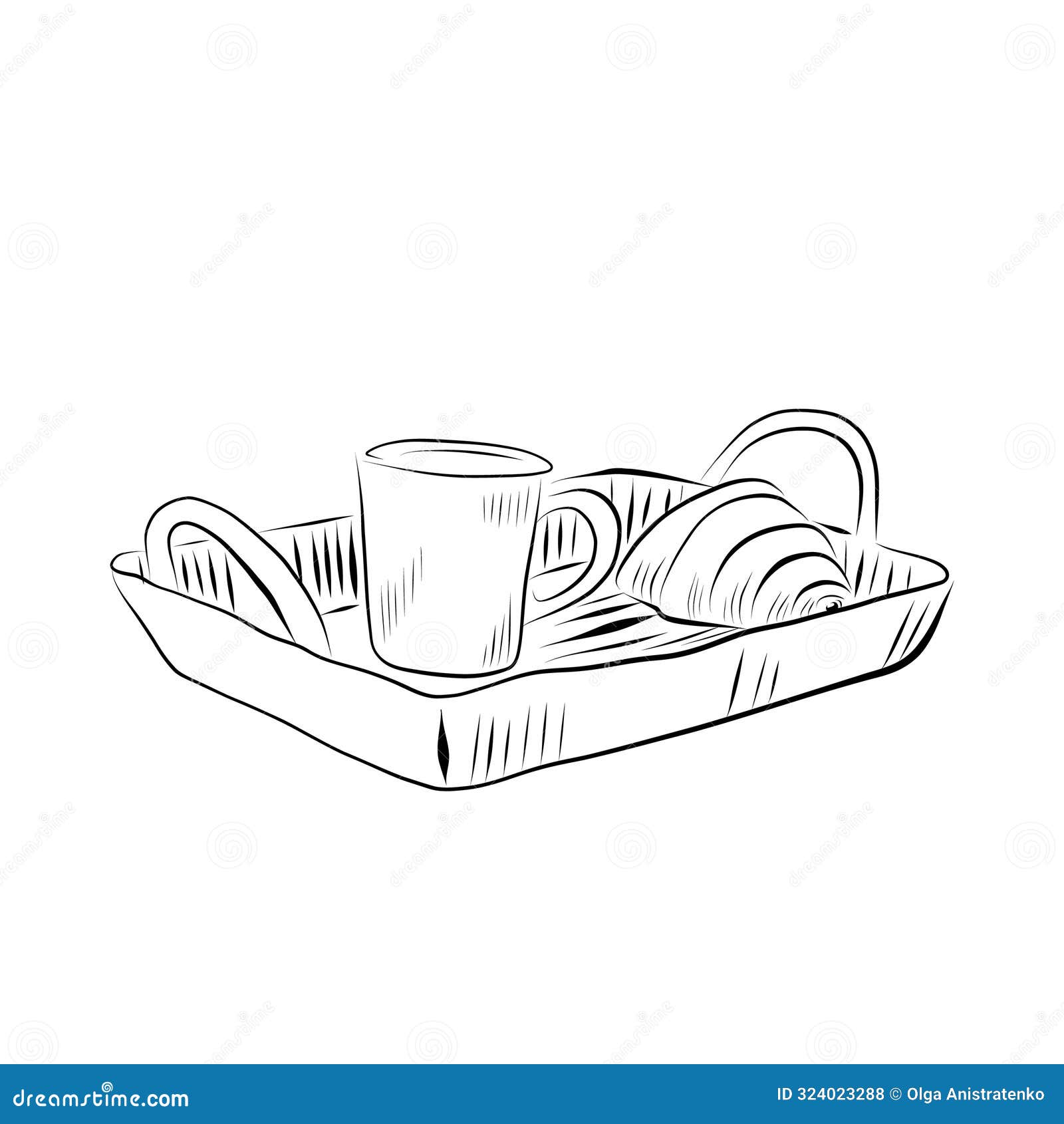 Drawing Lines. Art Line Tray with Cup and Croissant. Vector ...