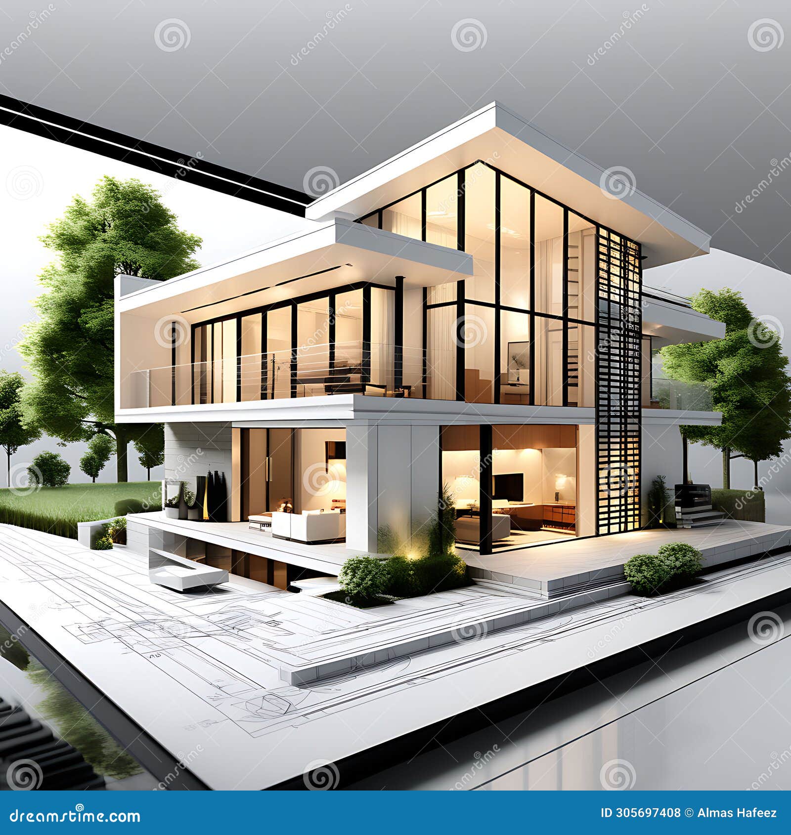 Drawing Lines of a 3D Render House on a White Background ...