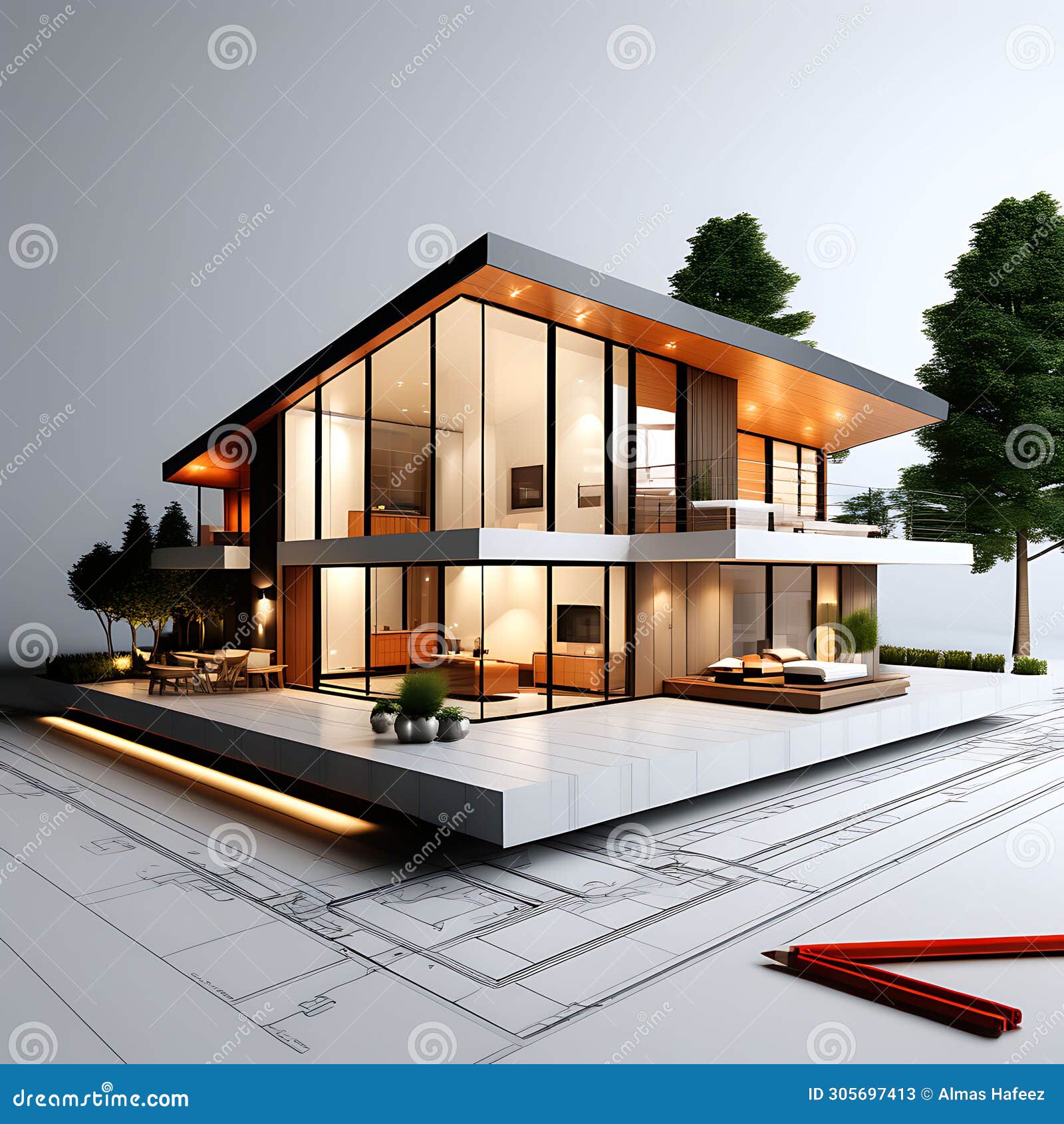 Drawing Lines of a 3D Render House on a White Background ...